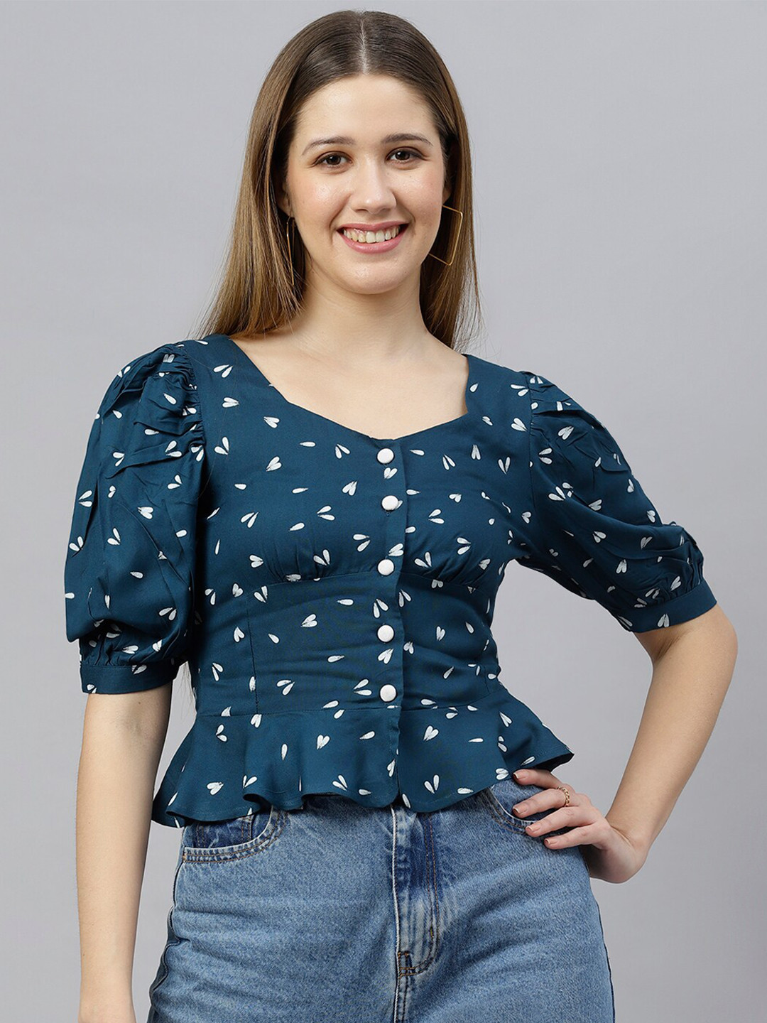 Buy FLAMBOYANT Blue Geometric Print Cinched Waist Top - Tops for Women ...