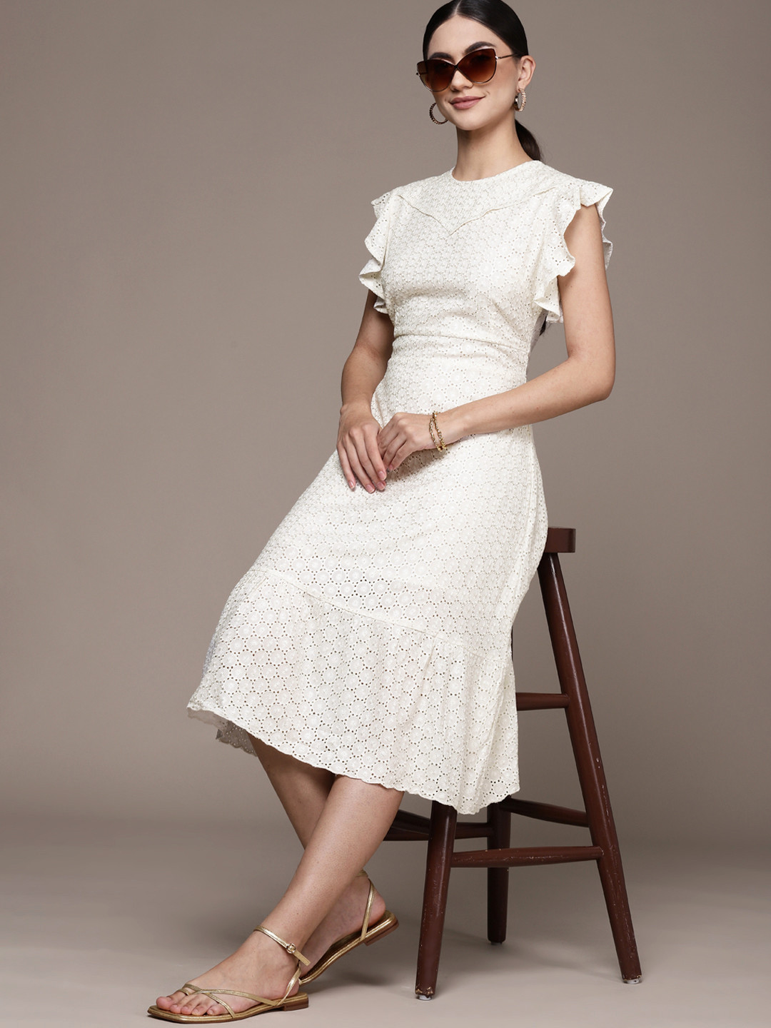 Buy Bebe Egret Soft Romance Schiffli Embroidered A Line Midi Dress ...