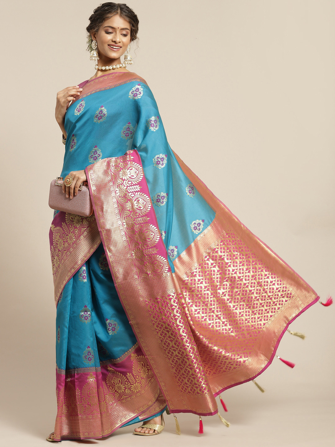 Buy Somras Blue & Pink Ethnic Motifs Zari Silk Blend Saree - Sarees for ...