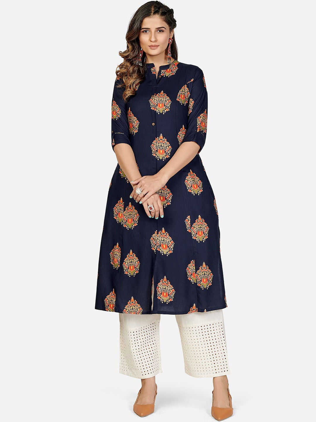 Buy Kalini Women Blue Ethnic Motifs Printed Flared Sleeves Anarkali