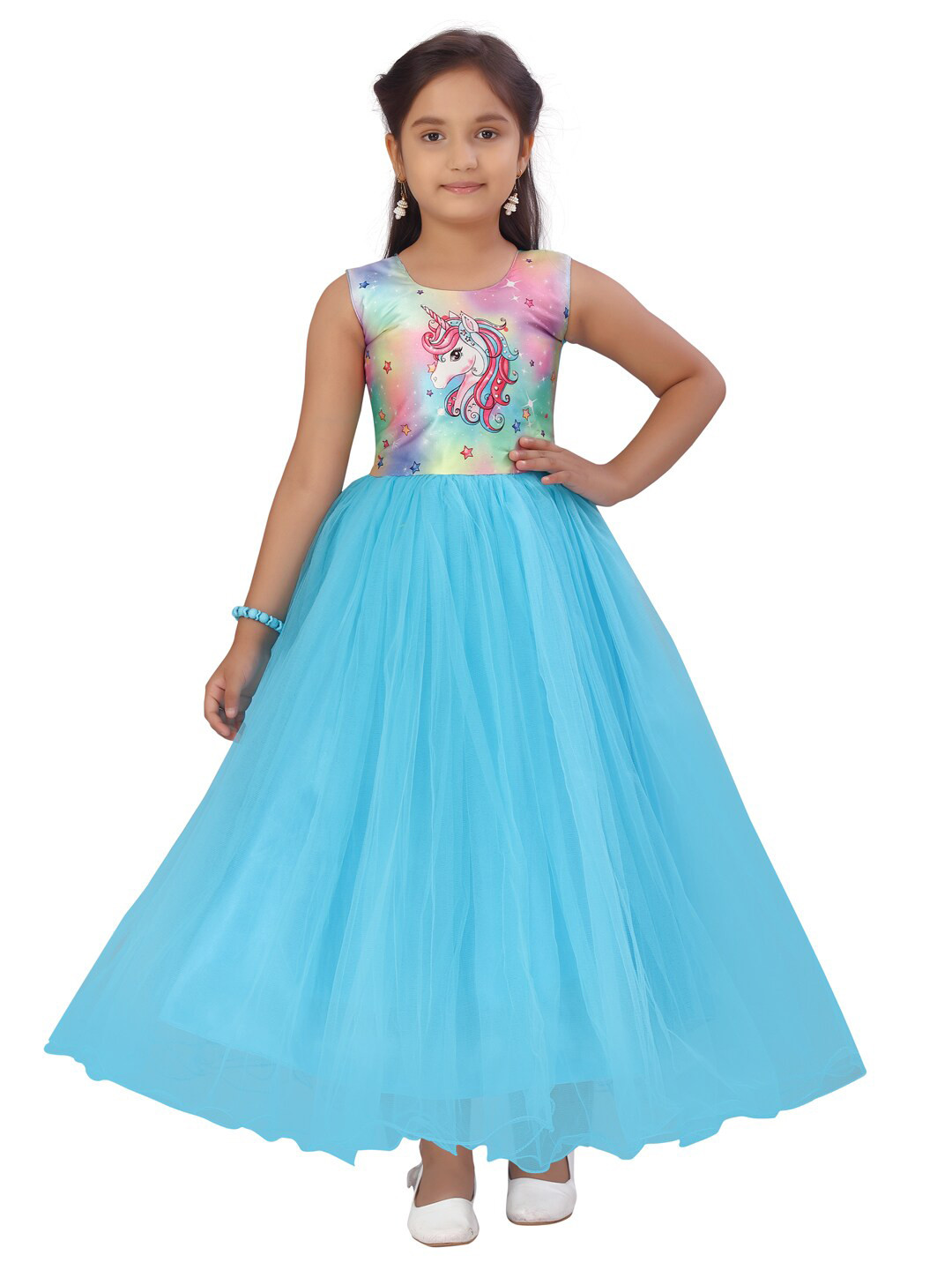 Buy Aarika Girls Turquoise Blue Printed Net Maxi Dress - Dresses for ...