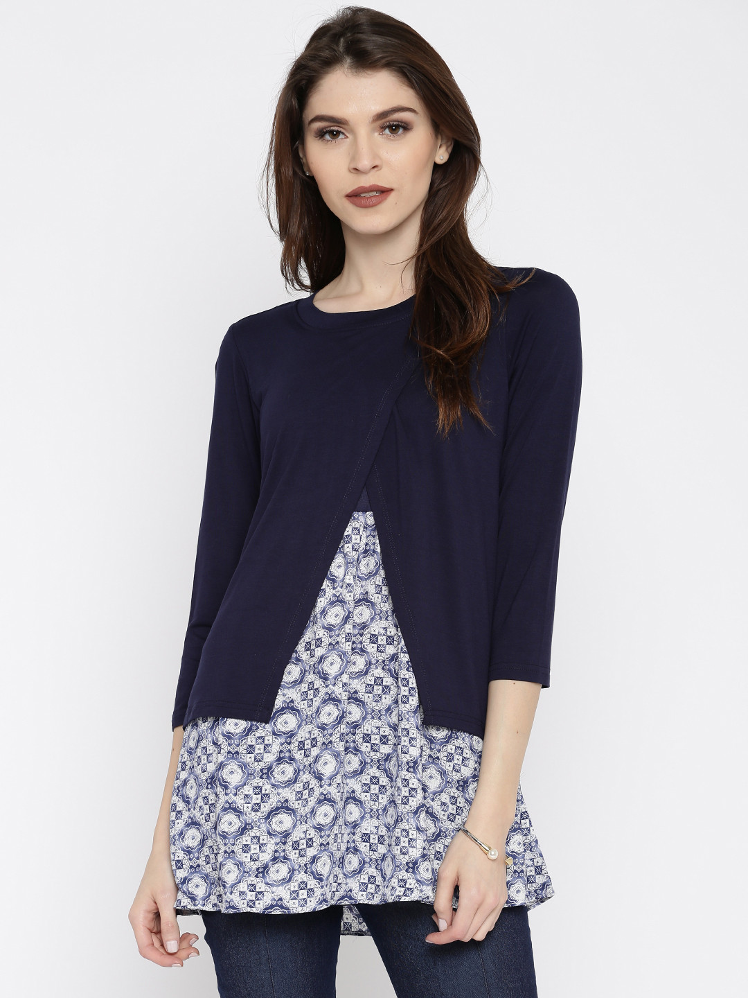 Buy AND Women Navy & White Printed Layered Top - Tops for Women 1766006 ...