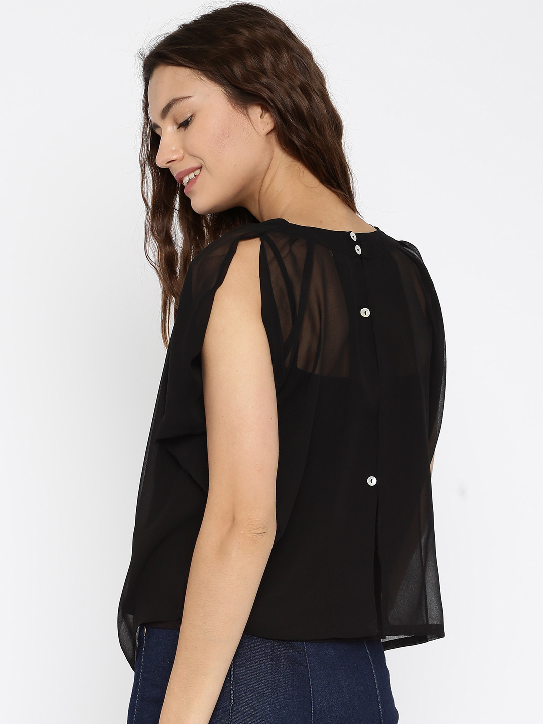 Buy AND Women Black Solid Styled Back Sheer Top - Tops for Women ...