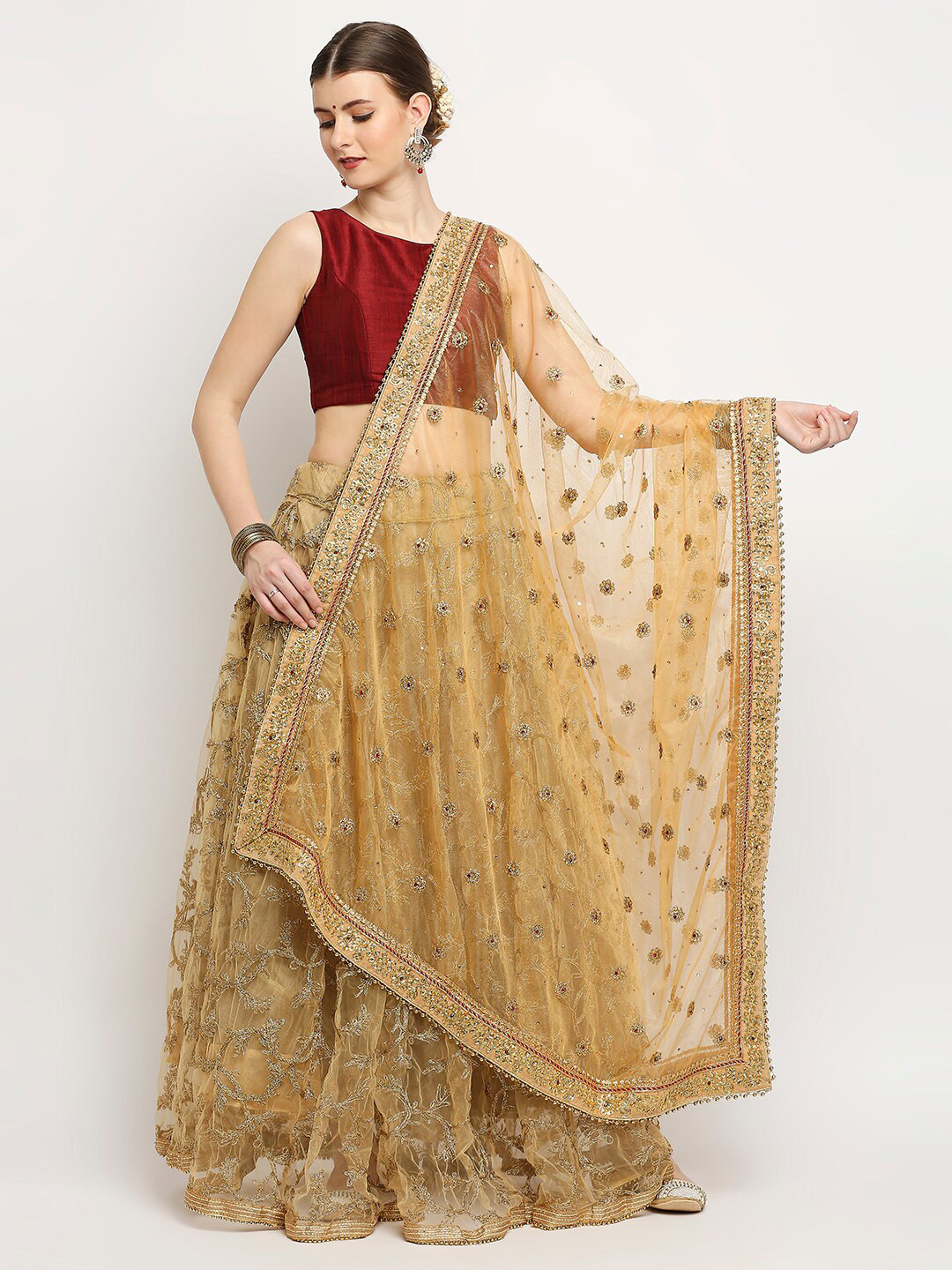 Buy Dupatta Bazaar Gold Toned Ethnic Motifs Embroidered Dupatta With ...