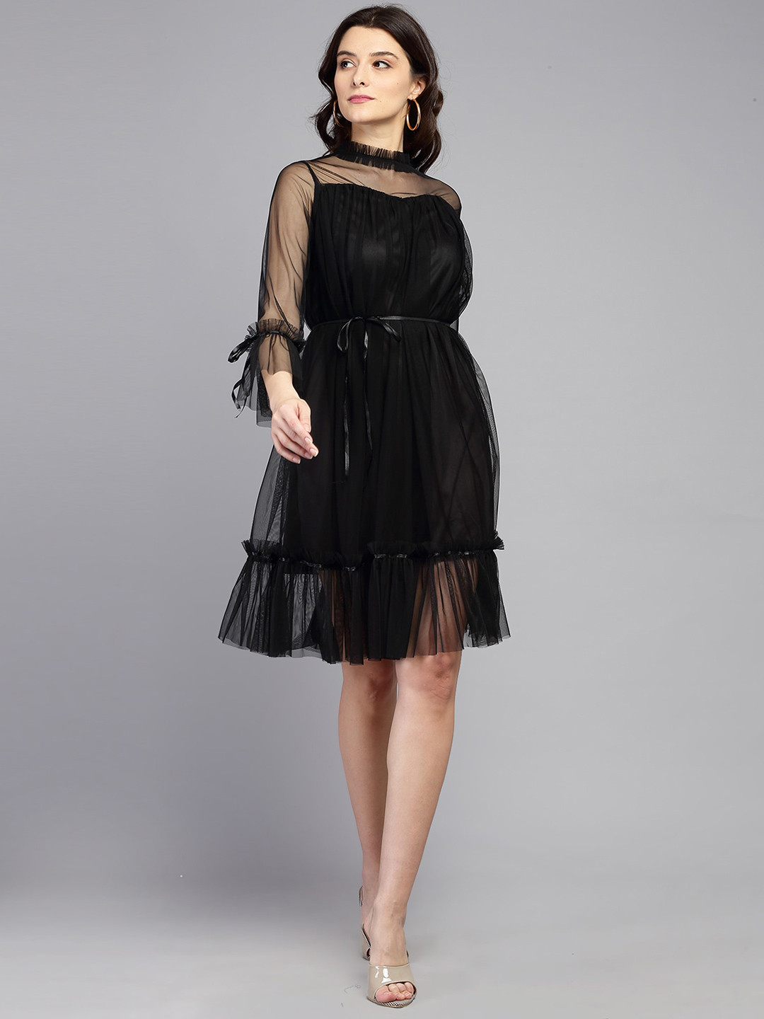 Buy Darzi Black Net Long Sleeves Fit & Flare Dress - Dresses for Women ...