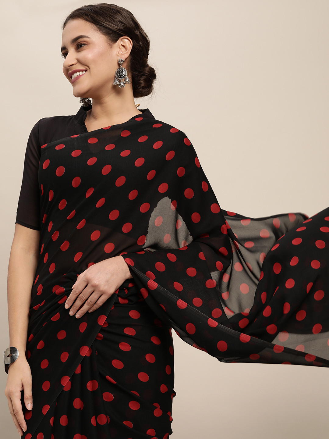 Buy KALINI Black & Red Polka Dot Print Saree - Sarees for Women ...