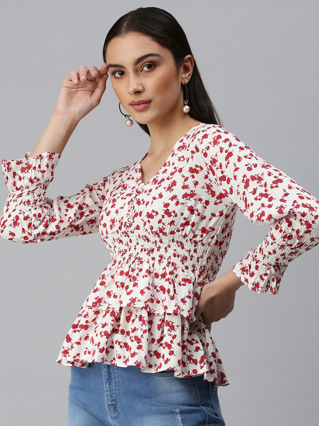 Buy SHOWOFF White & Red Floral Print Cinched Waist Top - Tops for Women ...