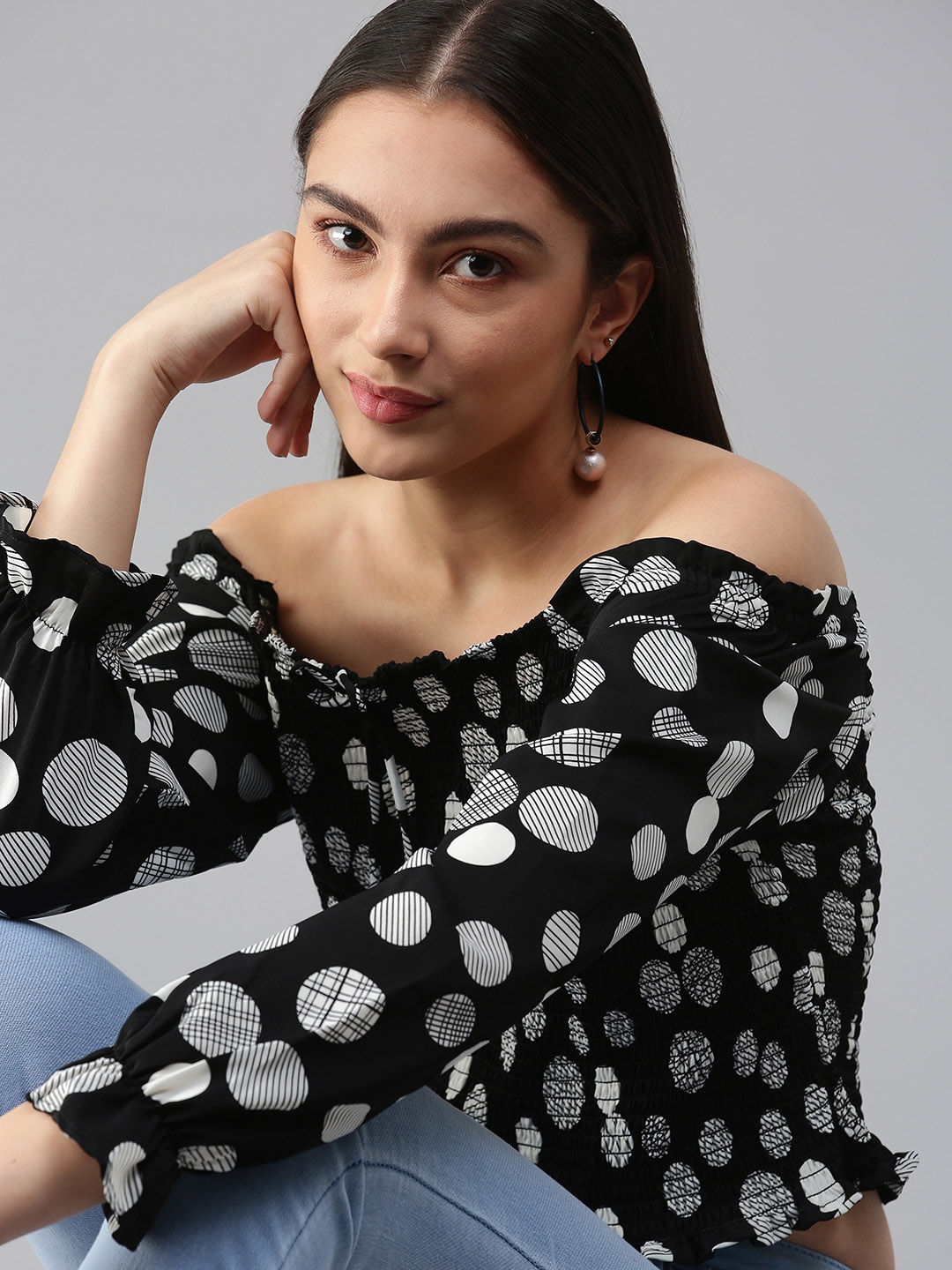 Buy Showoff Women Black Printed Off Shoulder Bardot Top Tops For