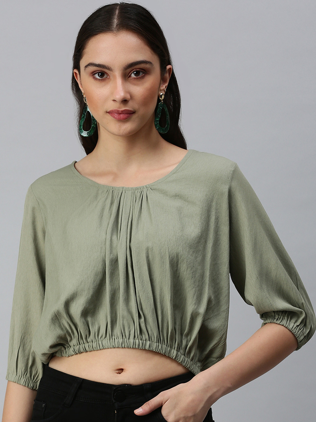 Buy SHOWOFF Women Olive Green Styled Back Crop Top - Tops for Women ...
