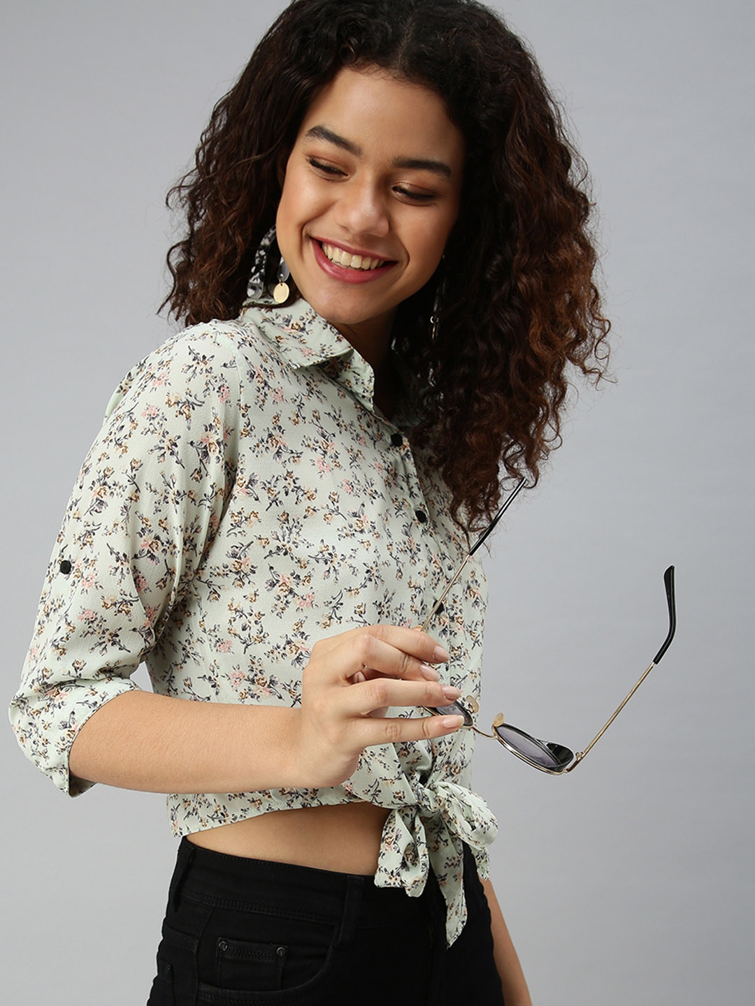 Buy Showoff Green Floral Print Crepe Shirt Style Crop Top Tops For