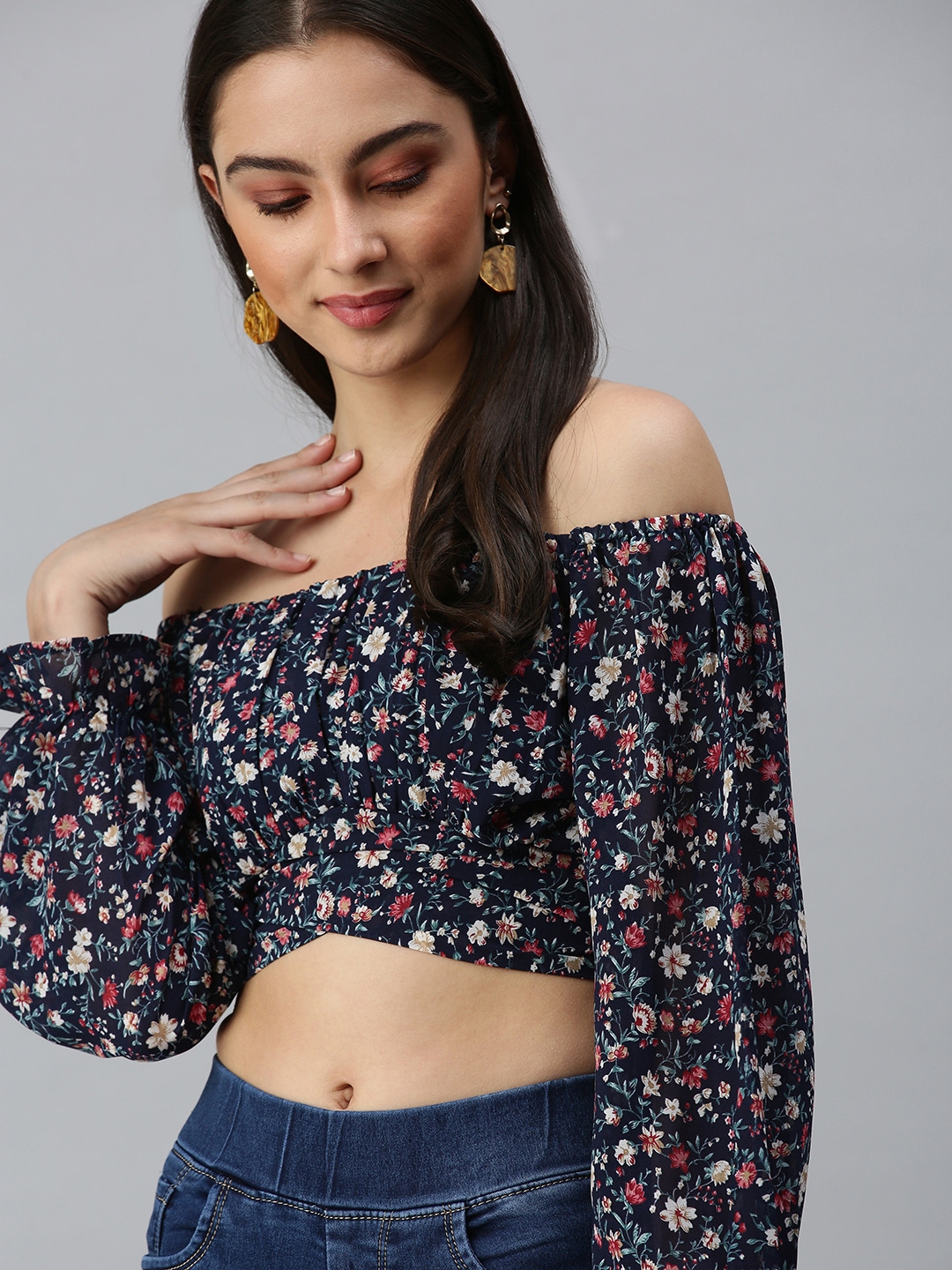 Buy Showoff Navy Blue And White Floral Printed Off Shoulder Georgette