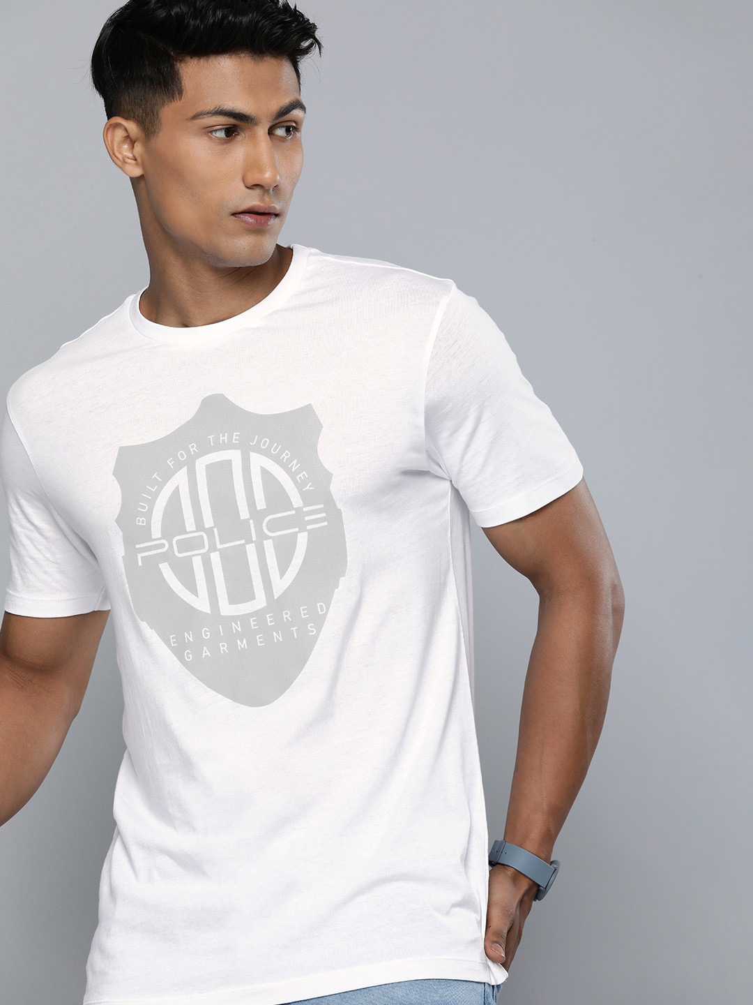 Buy 883 Police Men White & Grey Printed Pure Cotton T Shirt - Tshirts ...
