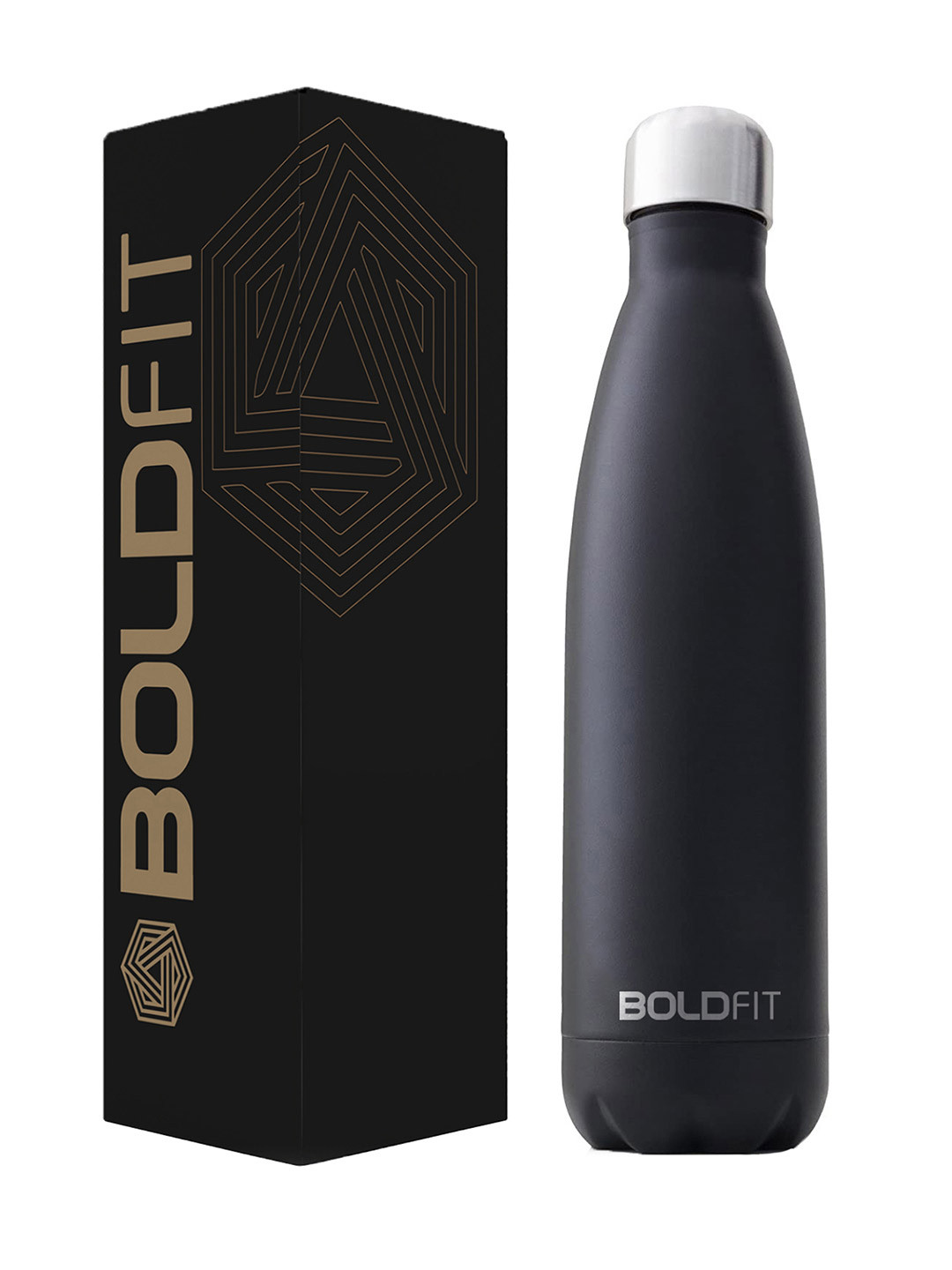 Buy BOLDFIT Black & Silver Toned Brand Logo Printed Water Bottle 1000 ...