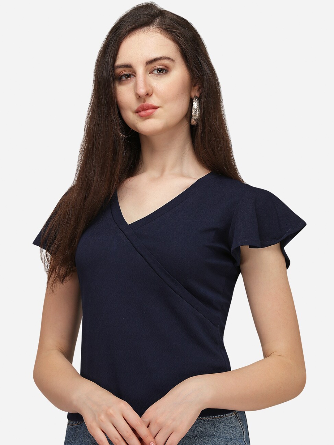 Buy Amrutam Fab Women Navy Blue Crepe Wrap Top Tops For Women