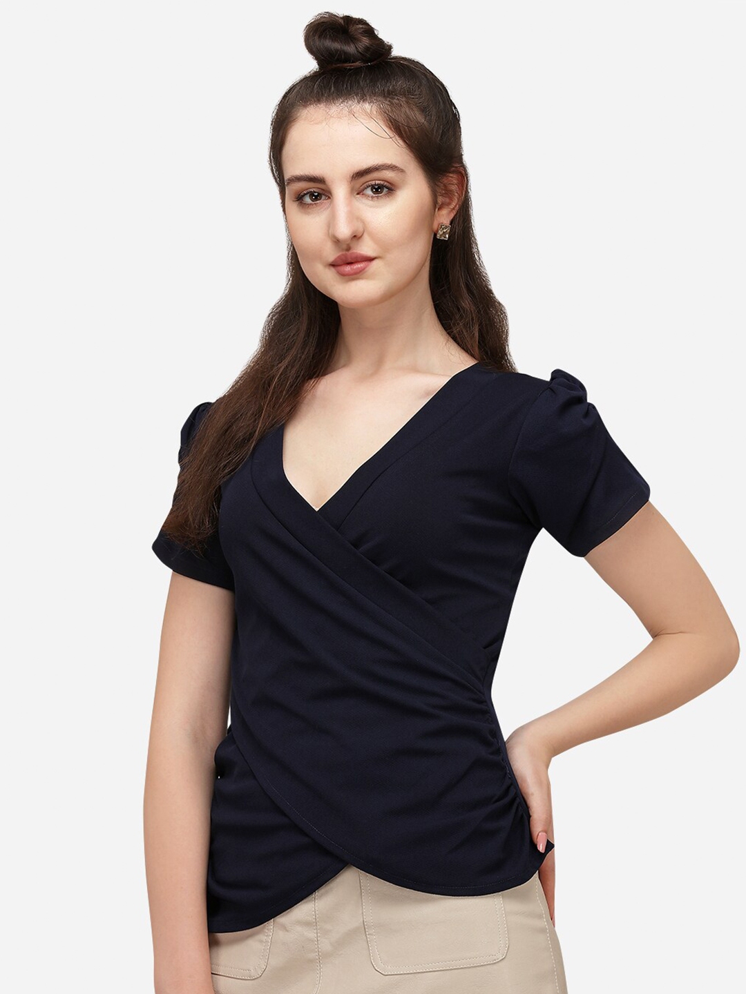 Buy Amrutam Fab Navy Blue Layered Crepe Wrap Top Tops For Women