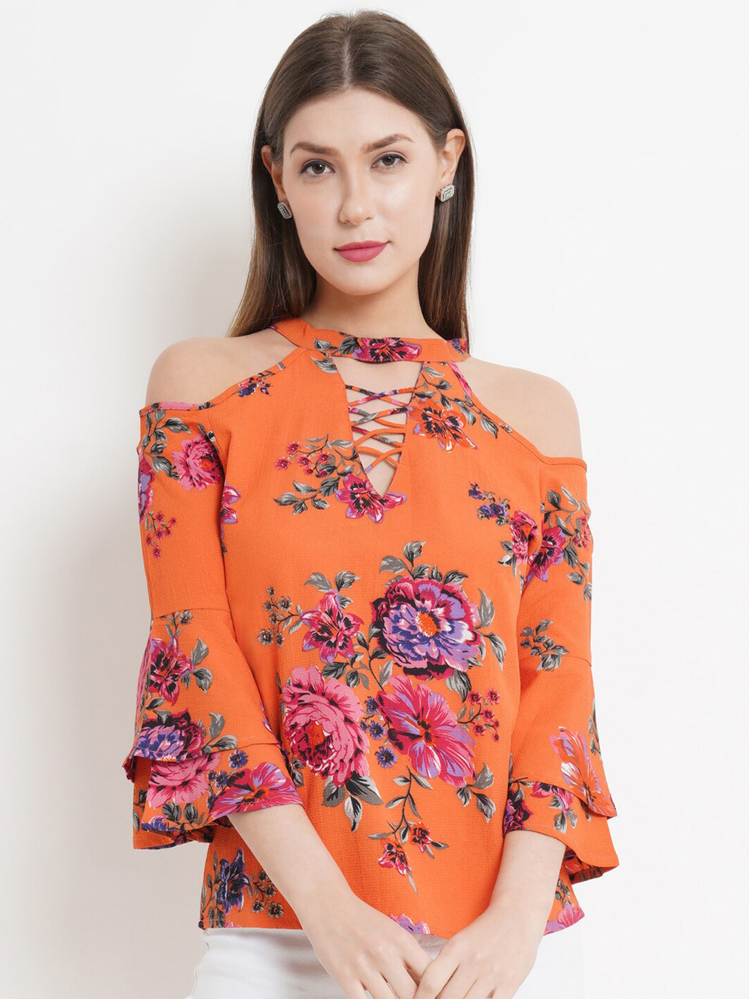 Buy Purple State Orange Floral Print Choker Neck Top - Tops for Women ...