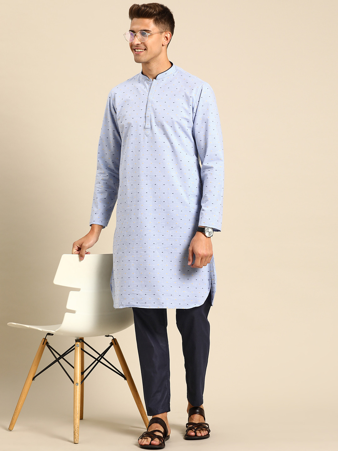Buy Anouk Men Blue Woven Design Pure Cotton Kurta With Pyjamas - Kurta ...