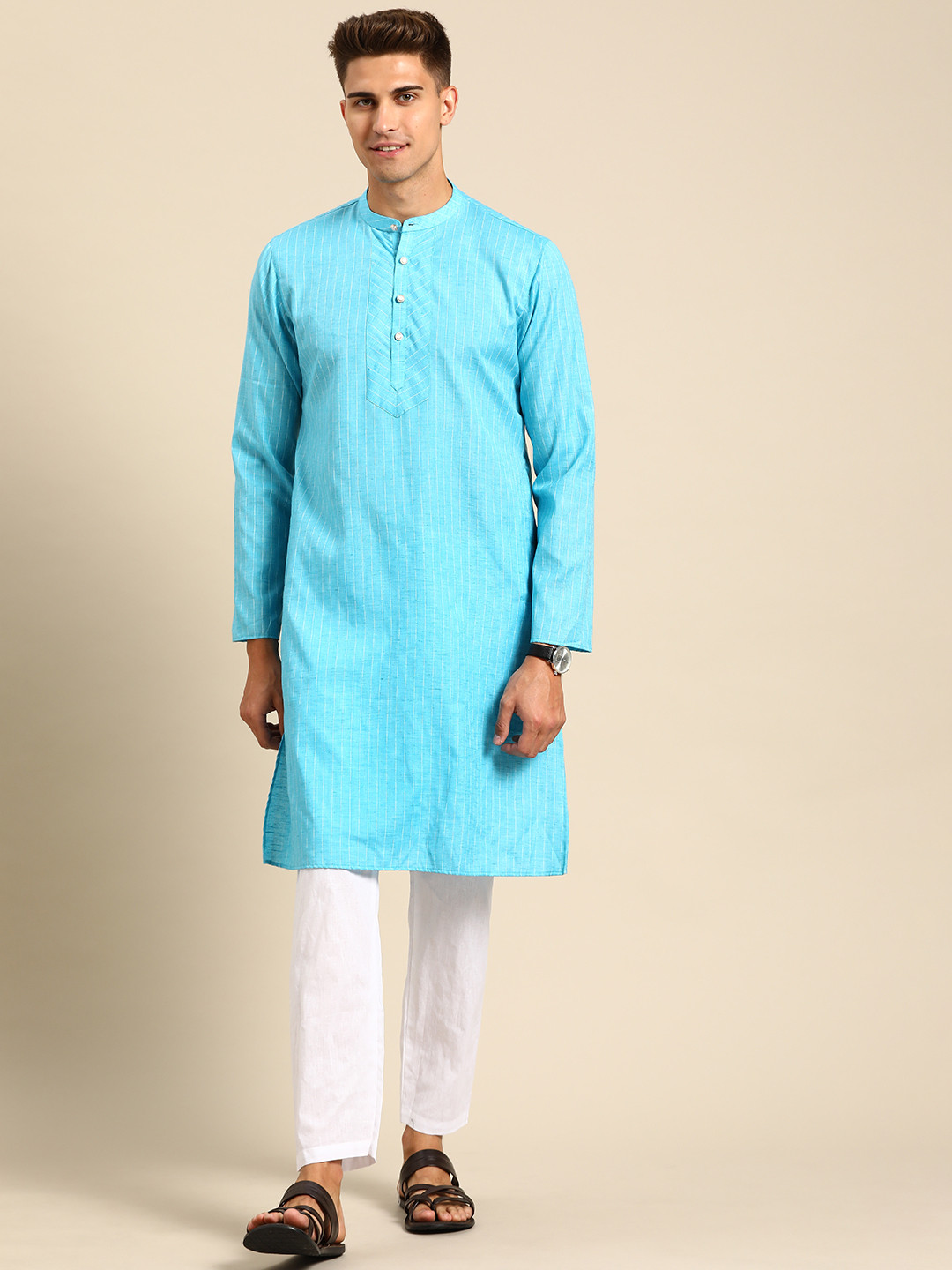 Buy Anouk Men Blue Woven Design Pure Cotton Kurta With Pyjamas - Kurta ...