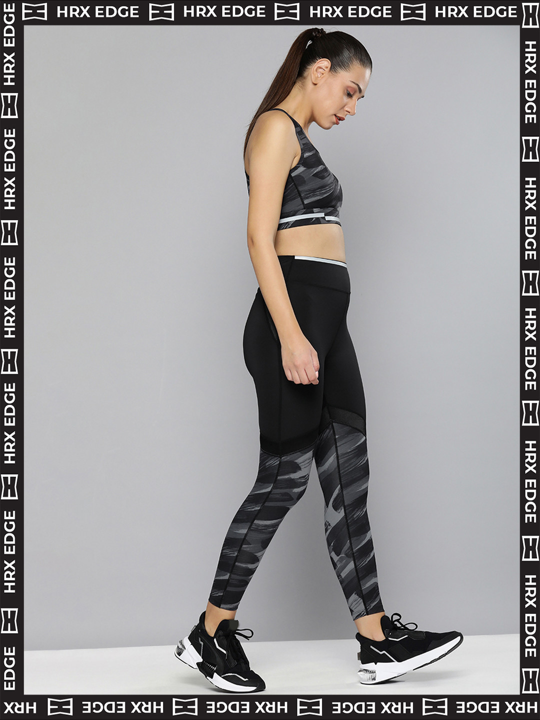 Buy HRX By Hrithik Roshan EDGE Women Jet Black Rapid Dry AOP Tights ...