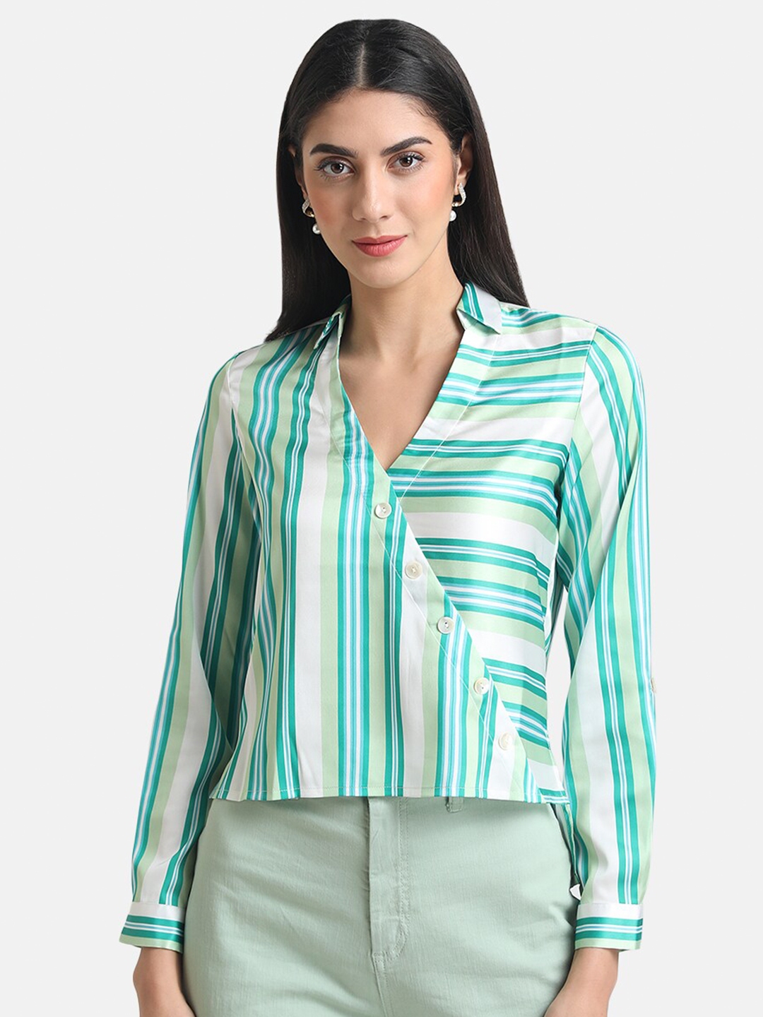 Buy Kazo Green Floral Print Mandarin Collar Satin Shirt Style Top