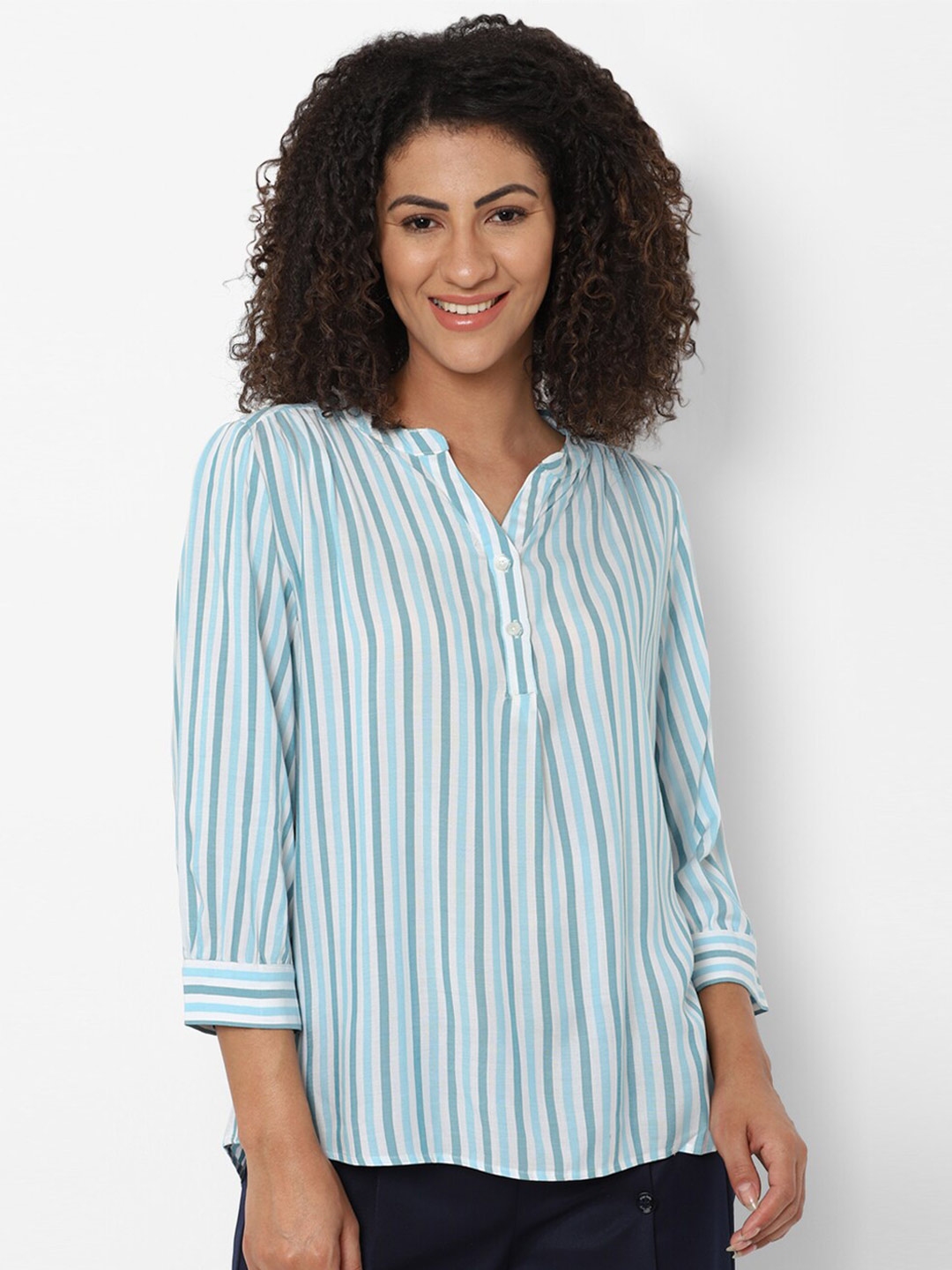 Buy Allen Solly Woman Blue Striped Mandarin Collar Shirt Style Top