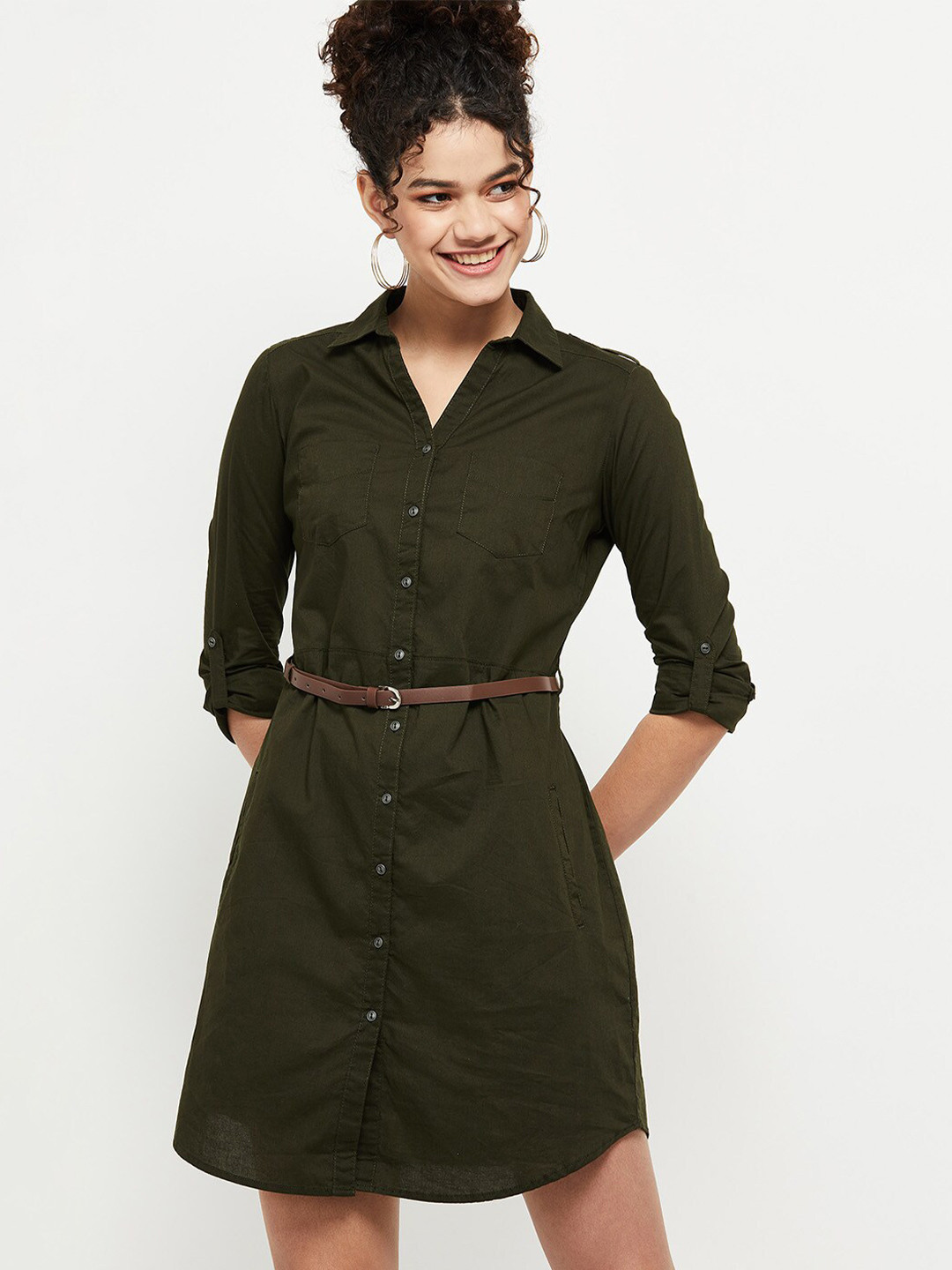 Buy Max Women Olive Green Solid Pure Cotton Tunic - Tunics for Women ...