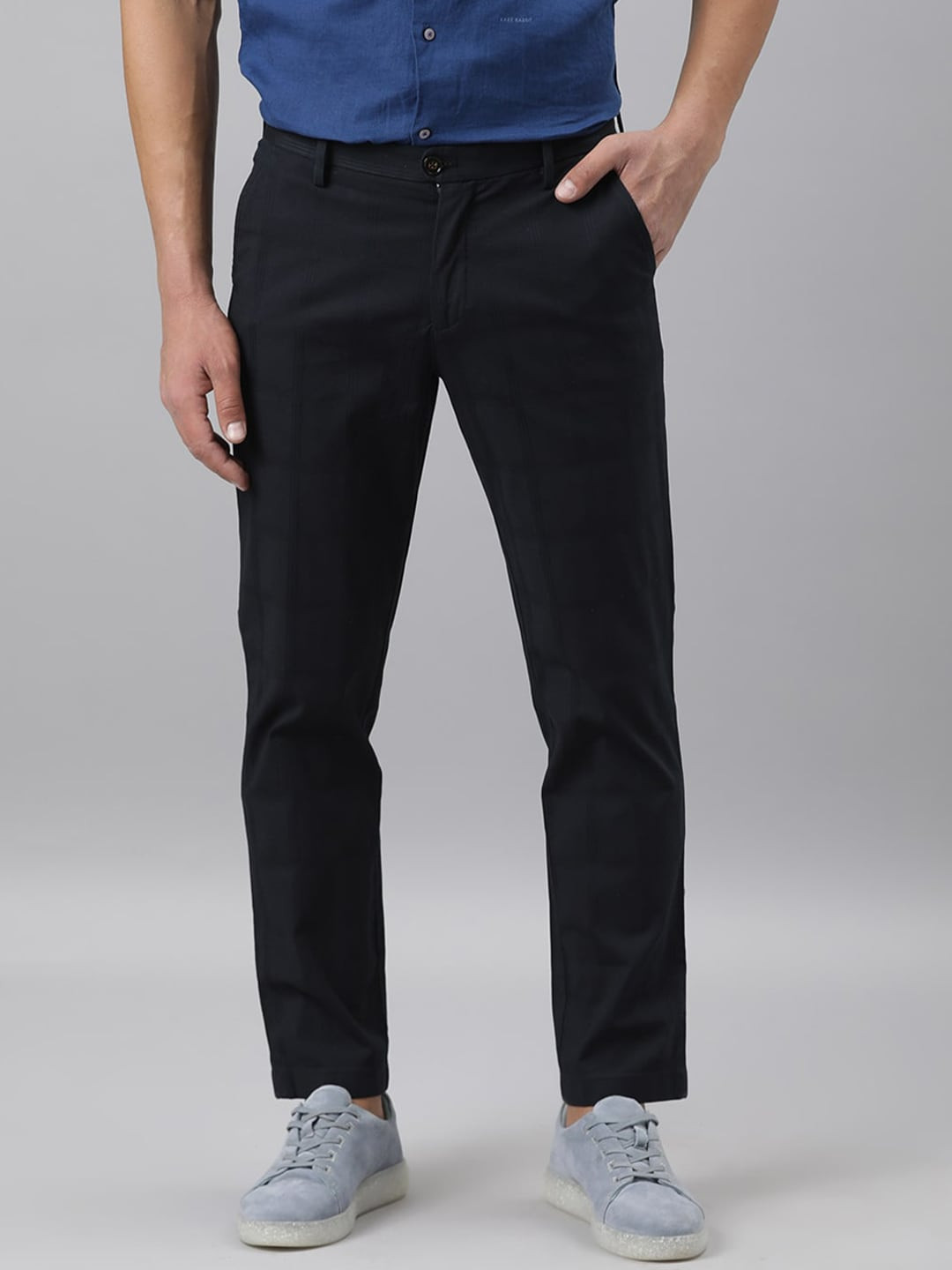 Buy RARE RABBIT Men Navy Blue Regular Fit Solid Trousers - Trousers for ...