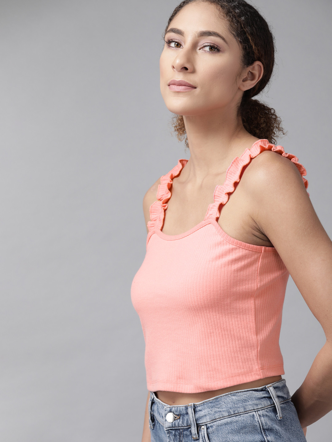 Buy Roadster Women Peach Coloured Solid Crop Top - Tops for Women ...