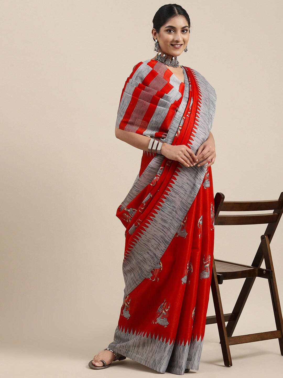 Buy MOKSHA DESIGNS Red & Grey Art Silk Baluchari Saree - Sarees for ...