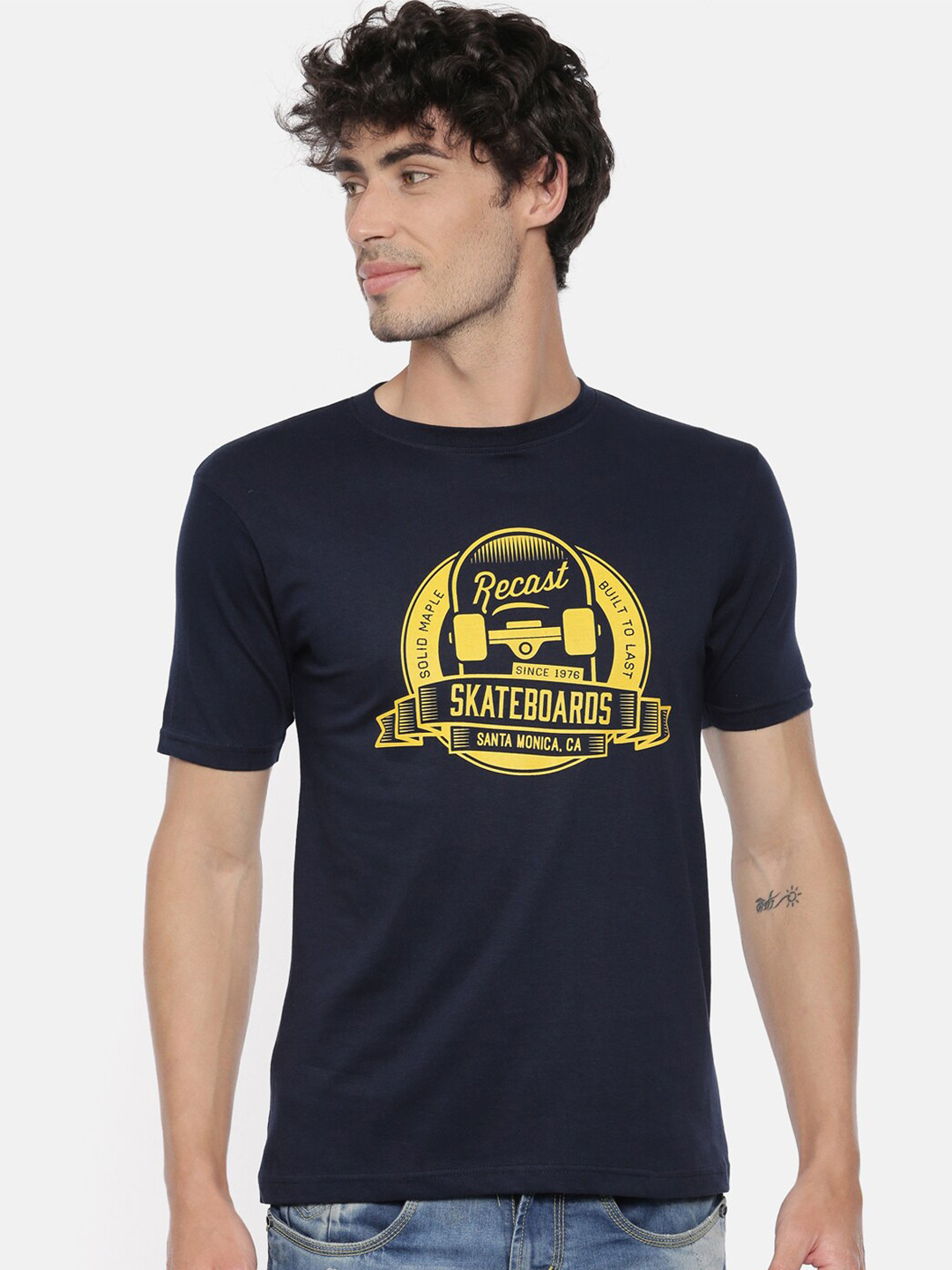 Buy Recast Men Navy Blue Printed Pure Cotton Bio Finish T Shirt ...