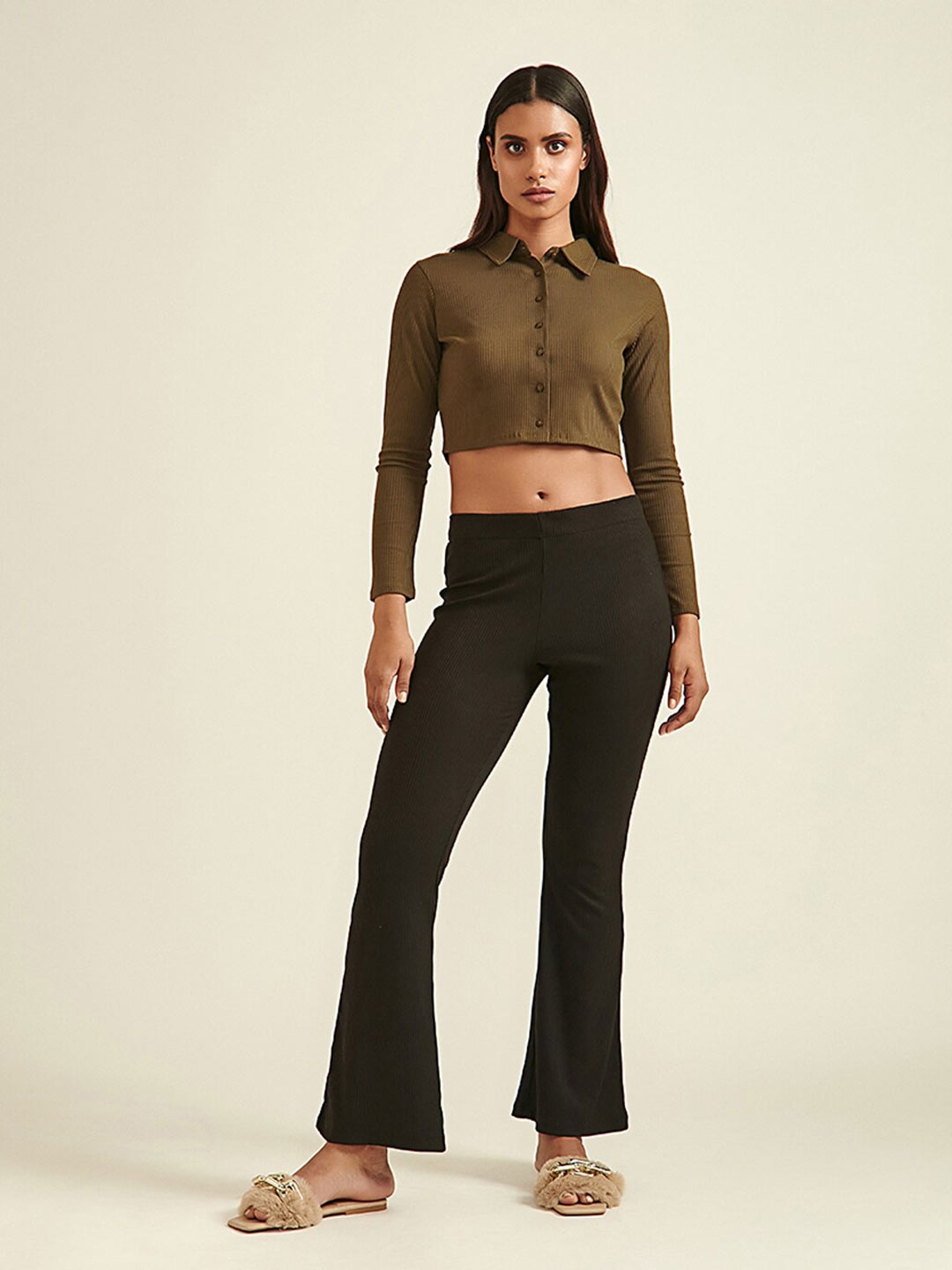 Buy Cover Story Olive Green Shirt Style Crop Top Tops For Women