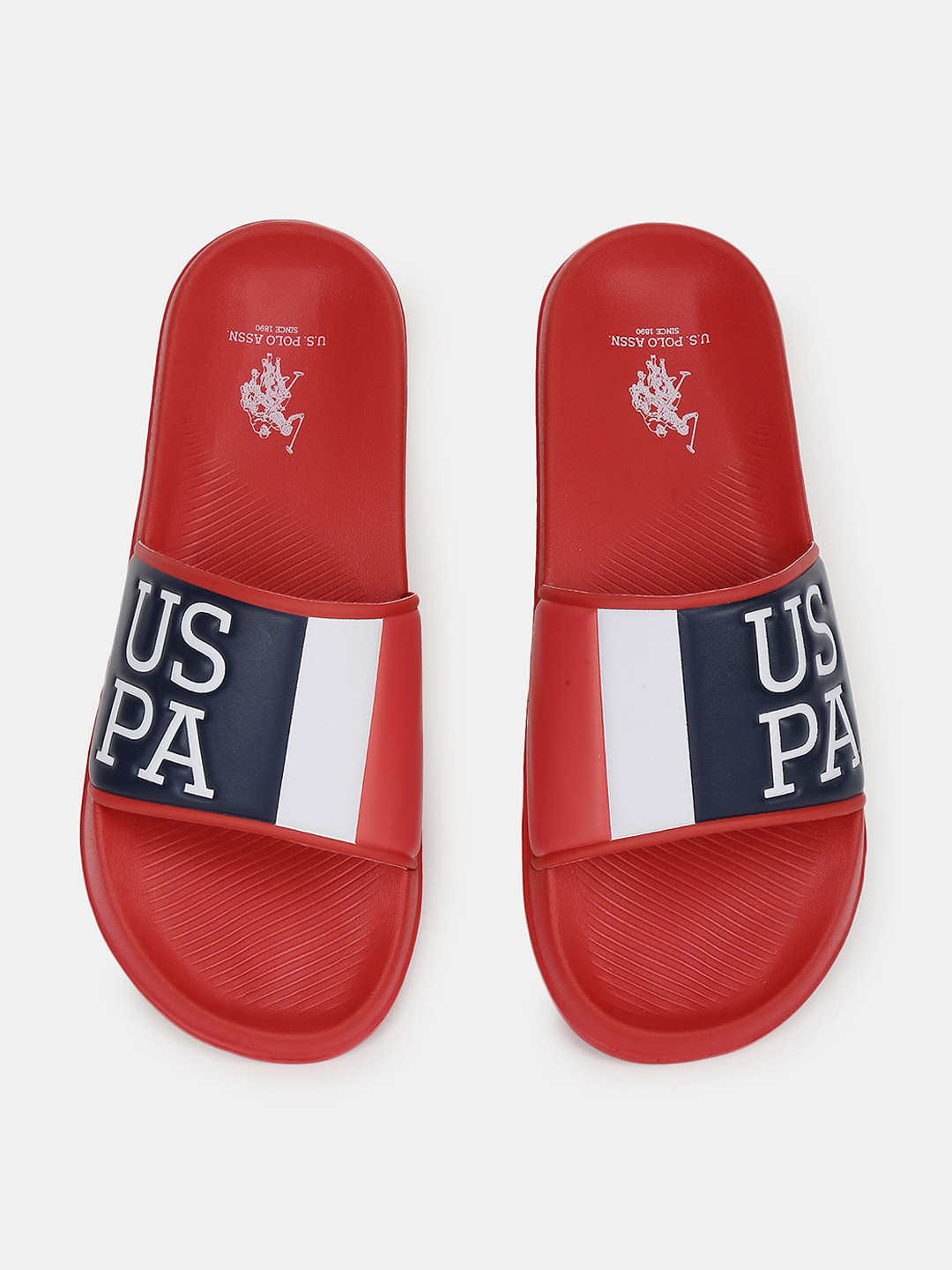 Buy U S Polo Assn Men Red & Black Printed Sliders - Flip Flops for Men ...