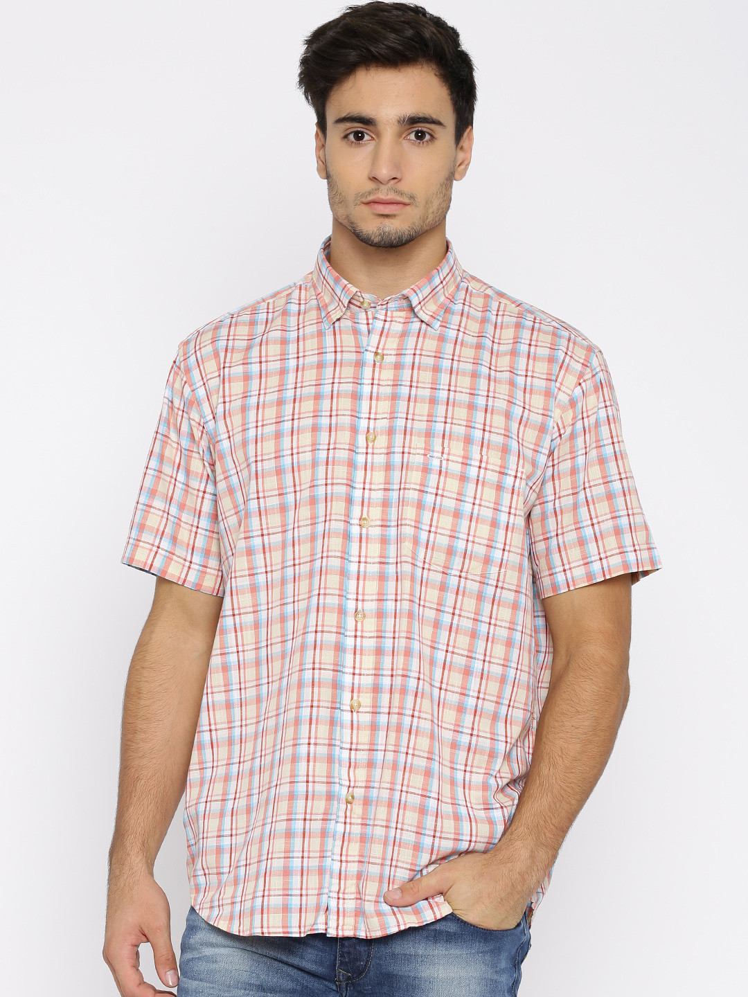 Buy ColorPlus Men Peach Coloured & Red Tailored Fit Checked Casual ...