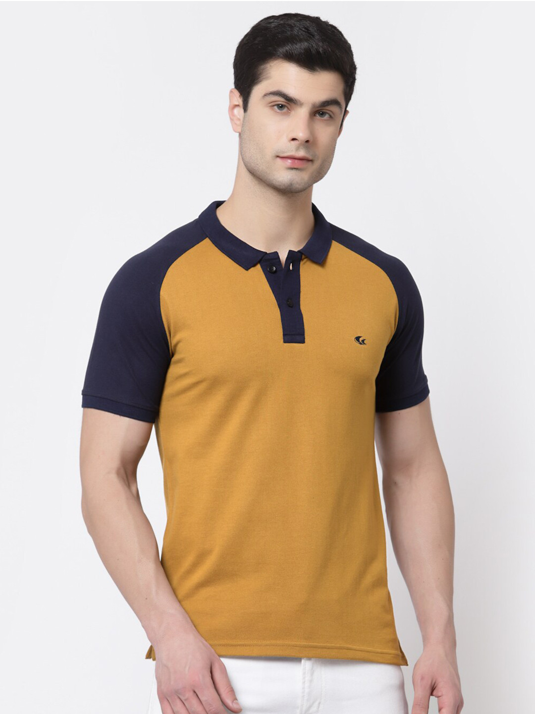 Buy Allen Cooper Men Yellow & Navy Blue Colourblocked Polo Collar T ...