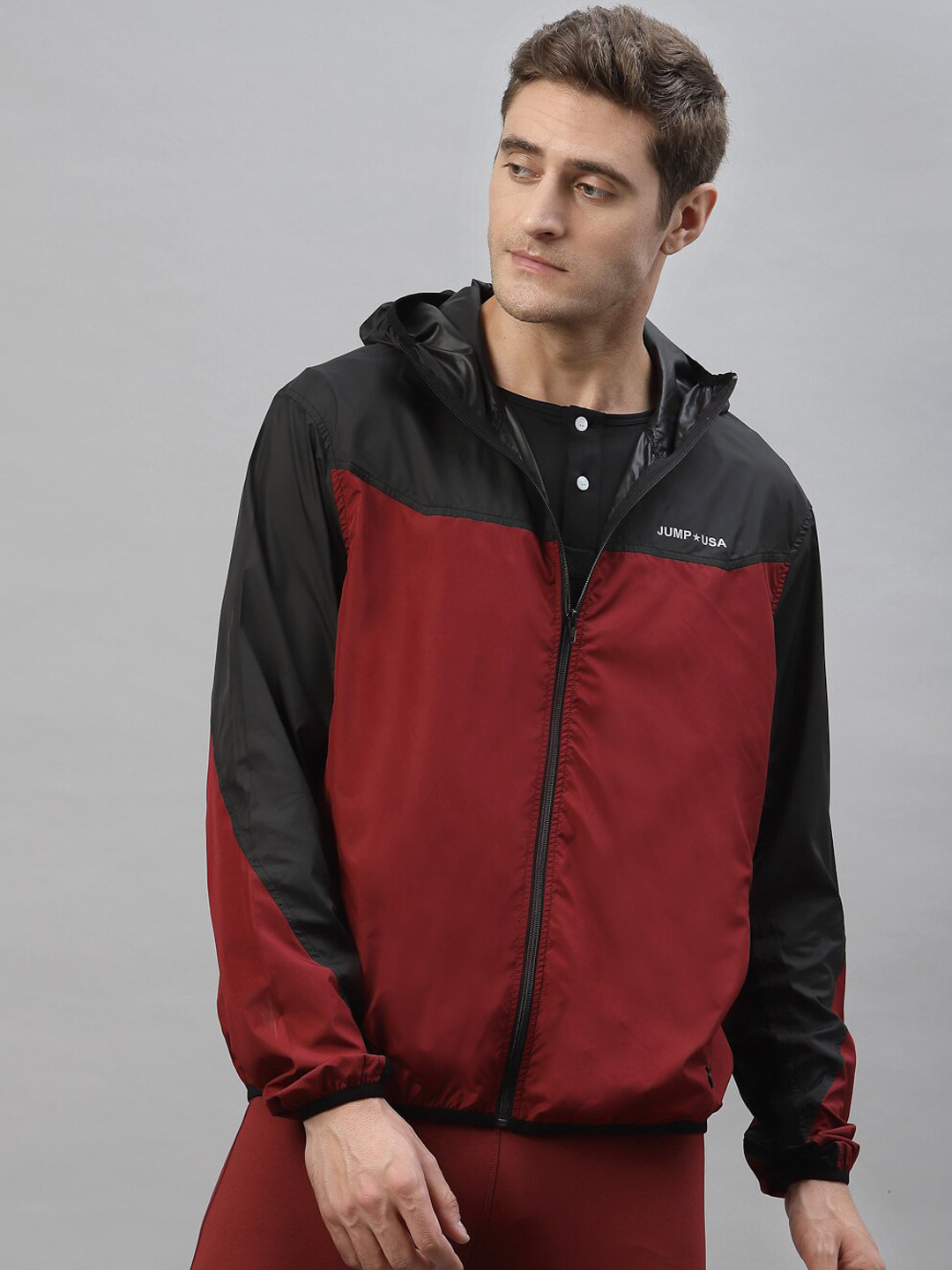 Buy JUMP USA Men Red Colourblocked Water Resistant Crop Sporty Jacket ...