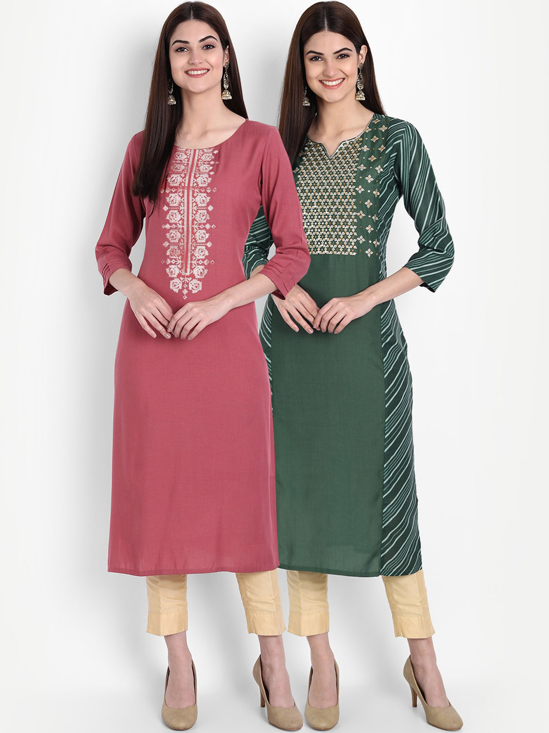 Buy Arangya Women Green & Pink Set Of 2 Ethnic Motifs Printed Kurta ...