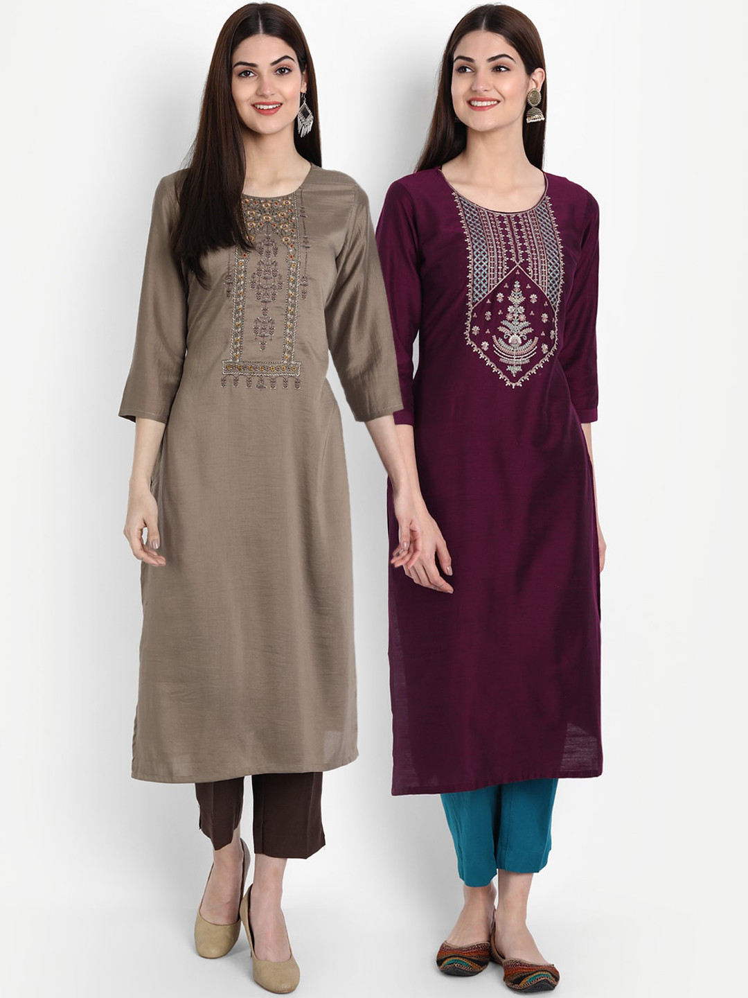 Buy Arangya Women Brown & Maroon Embroidered Kurta - Kurtas for Women ...