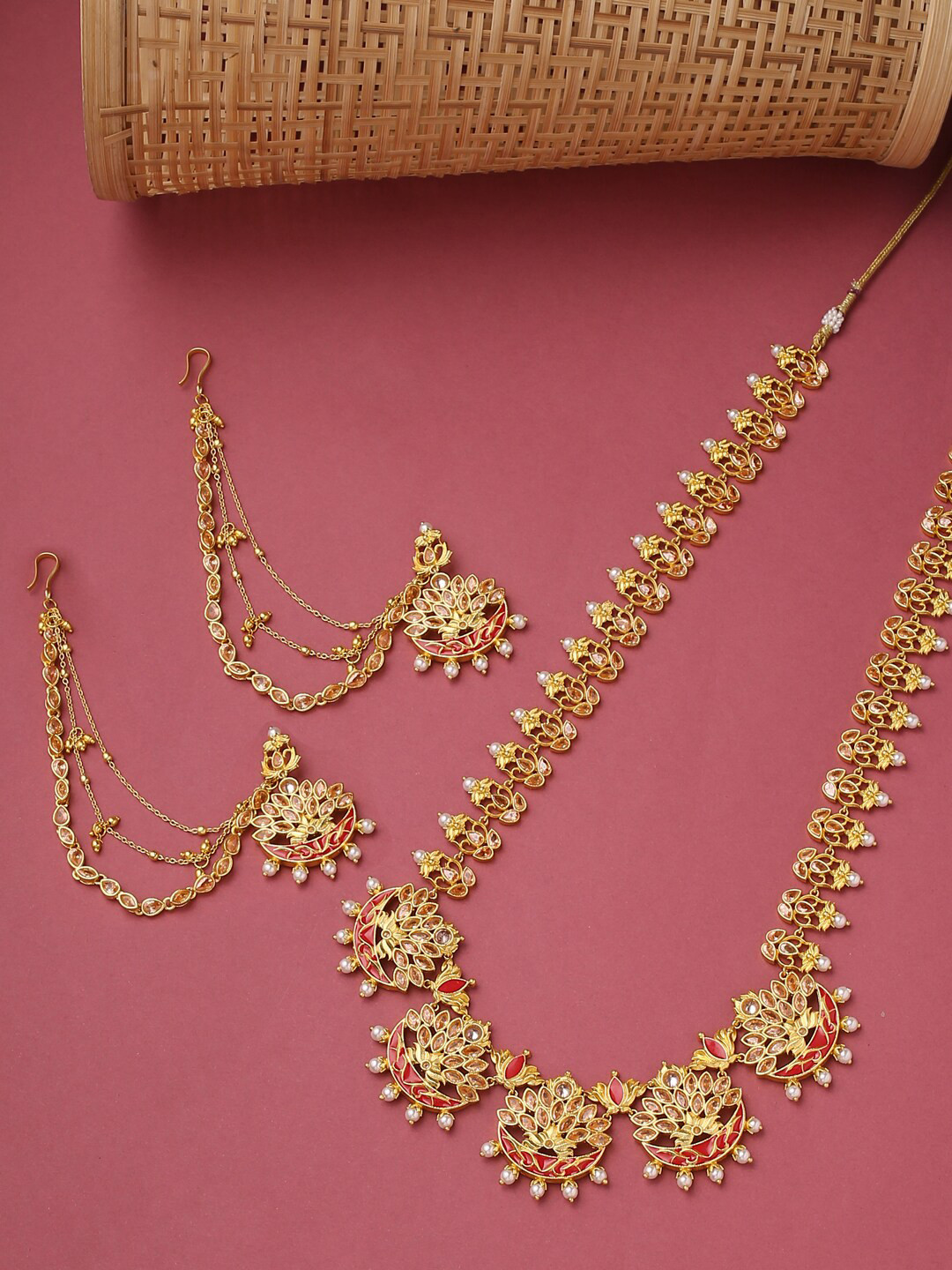 Buy Voylla Apsara Bridal Red Gold Plated Pearl Crescent Moon Enameled ...