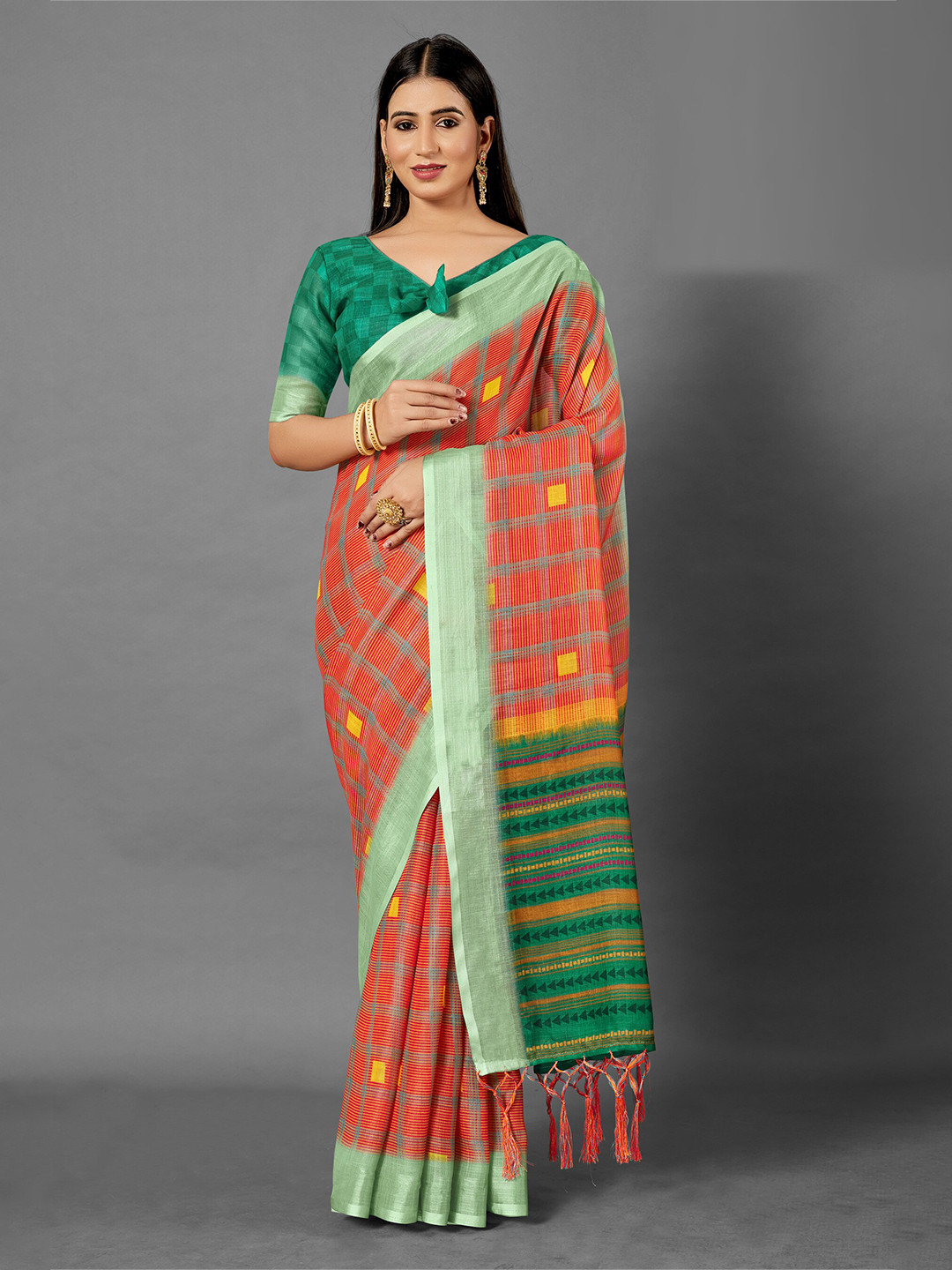 Buy KALINI Red & Green Checked Linen Blend Saree - Sarees for Women ...