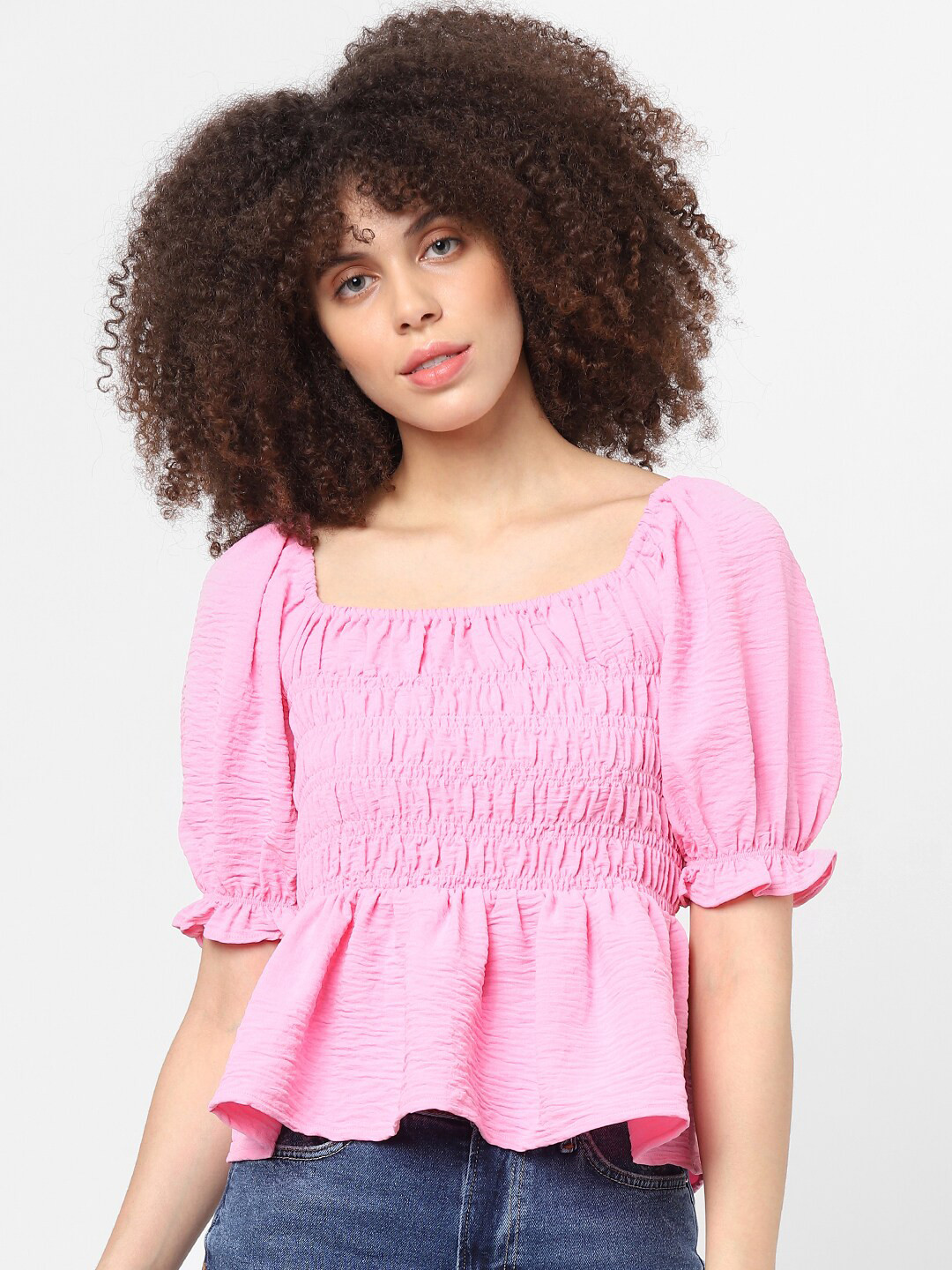 Buy ONLY Pink Solid Smocked Top - Tops for Women 17720858 | Myntra