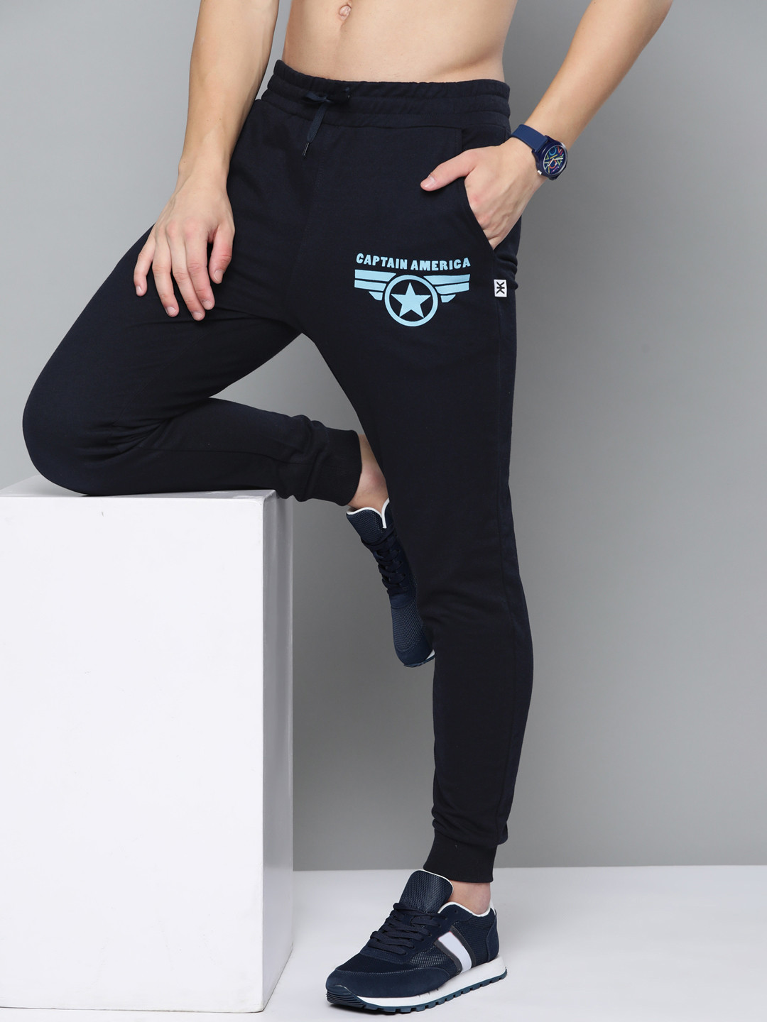 Buy Kook N Keech Men Navy Blue Captain America Logo Detail Joggers ...