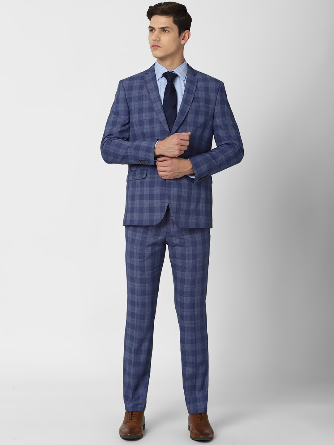 Buy Van Heusen Men Navy Blue Checked Slim Fit Single Breasted 2 Piece ...