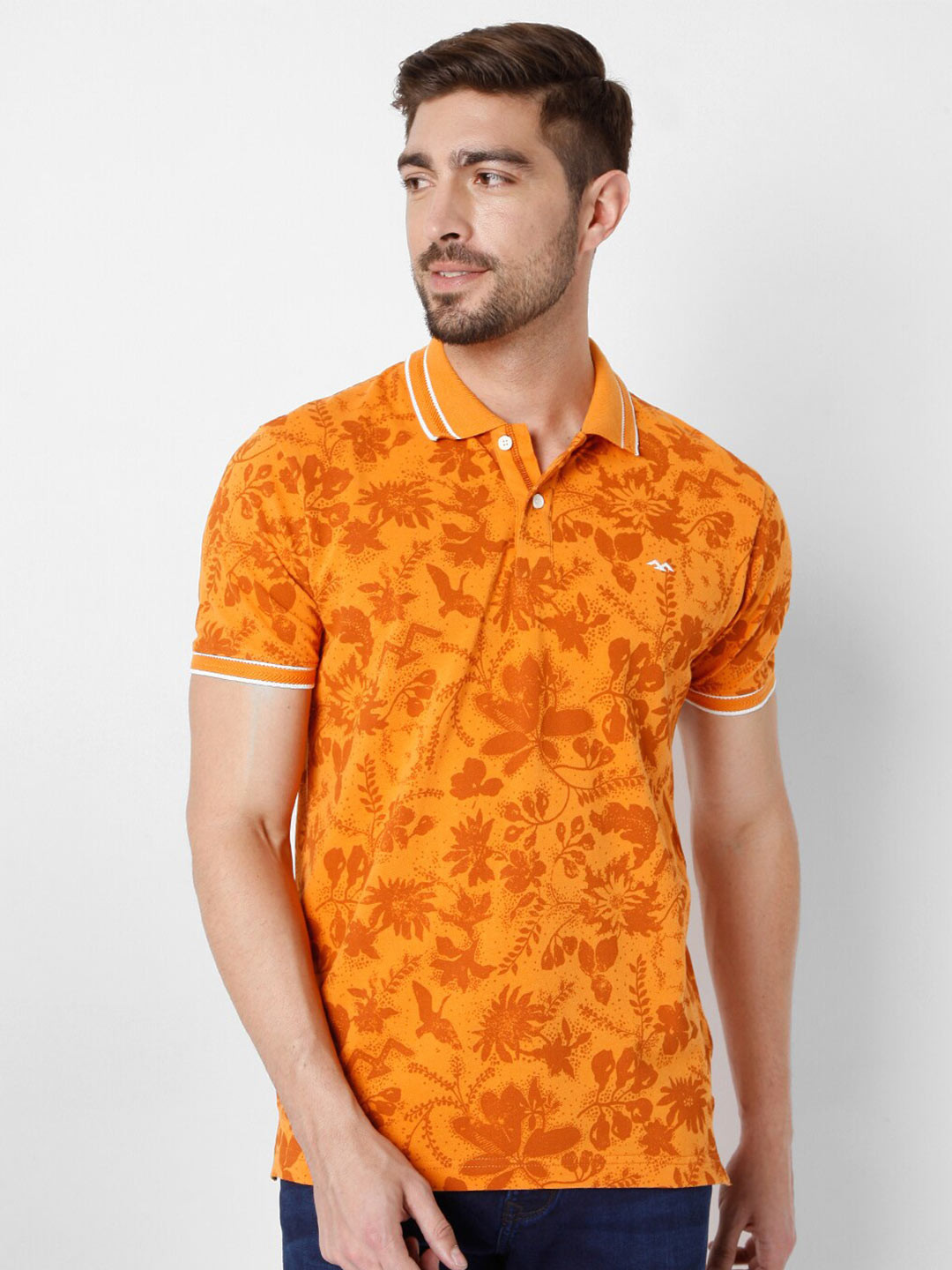 Buy Mufti Men Orange Floral Printed Polo Collar Slim Fit Cotton T Shirt ...