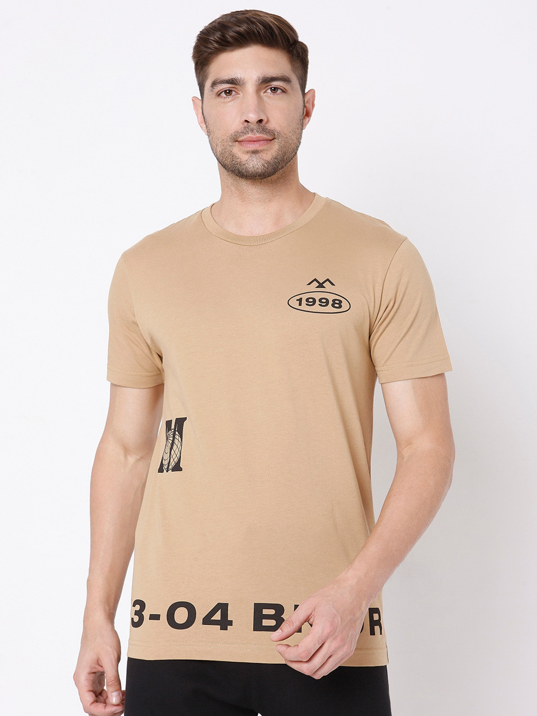 Buy Mufti Men Beige Typography Printed Slim Fit Cotton T Shirt ...