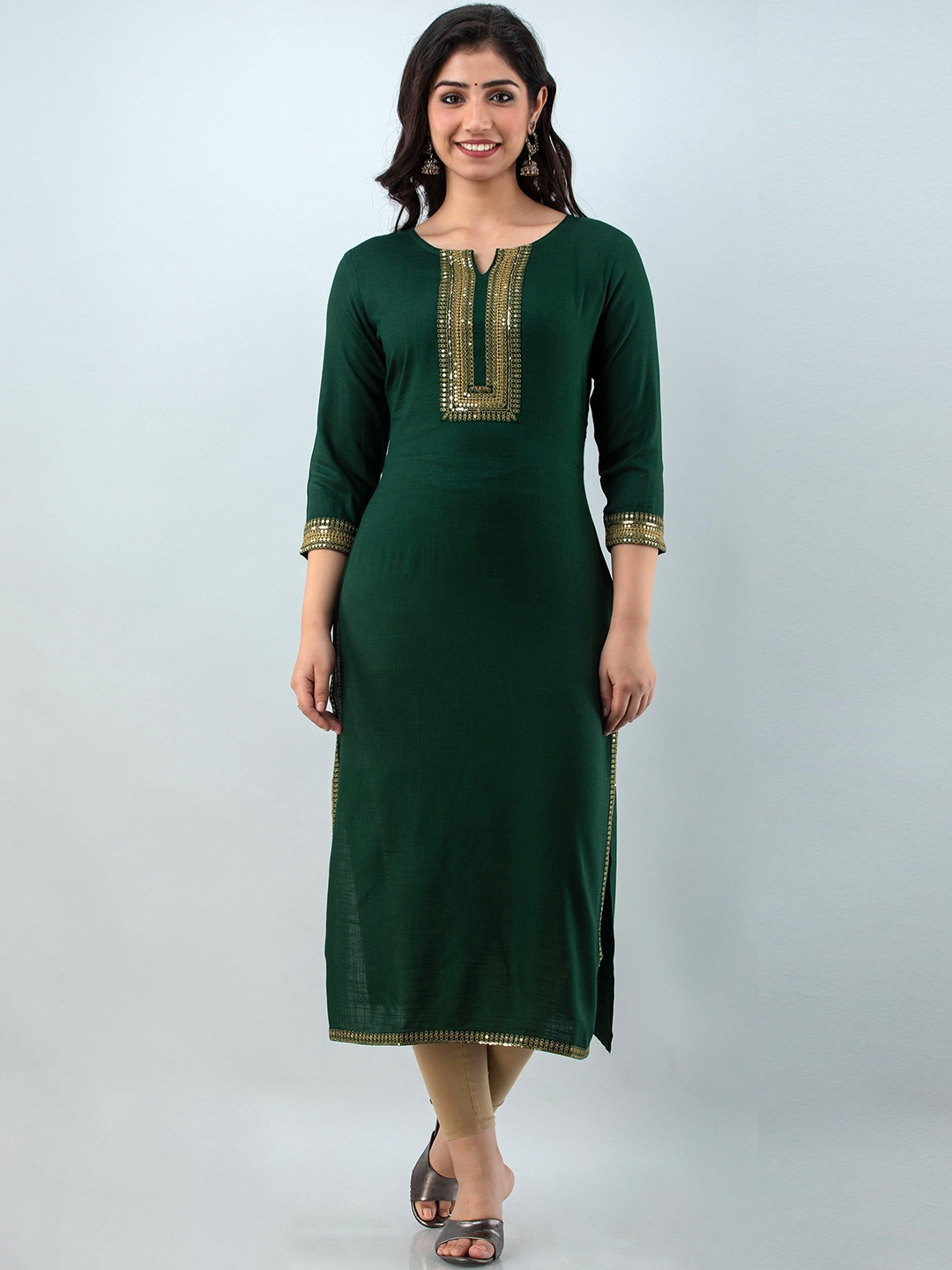 Buy Charu Women Green Embellished Embroidered Straight Kurta Kurtas