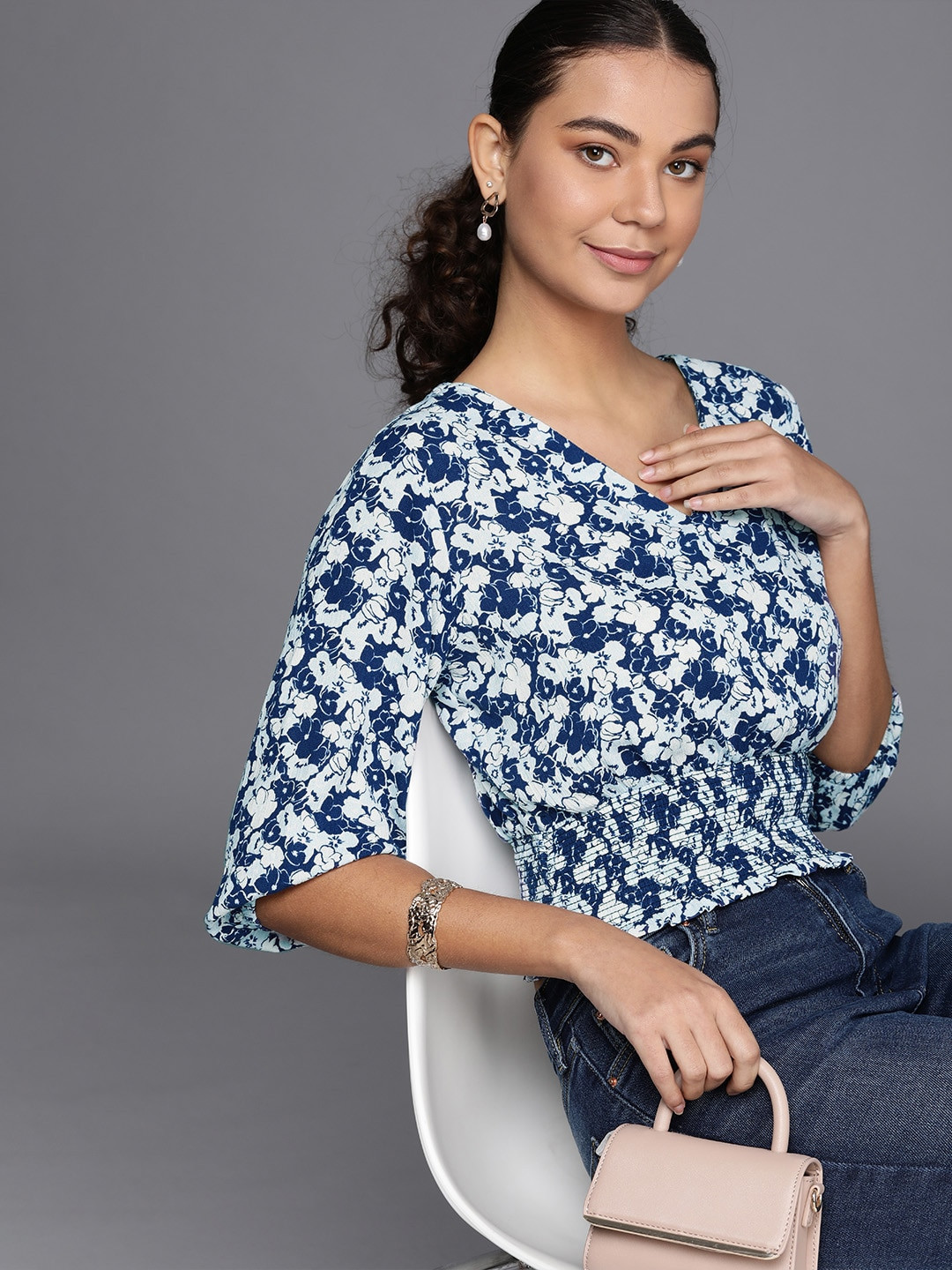 Buy Allen Solly Woman Navy Blue & White Floral Print Regular Top - Tops ...