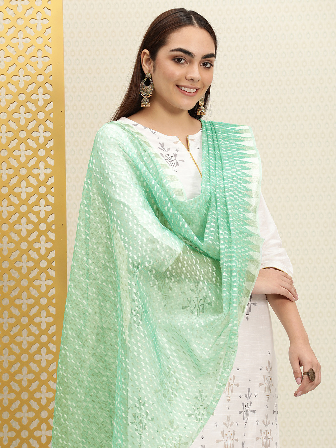 Buy House Of Pataudi Sea Green & Silver Coloured Woven Design Jashn ...