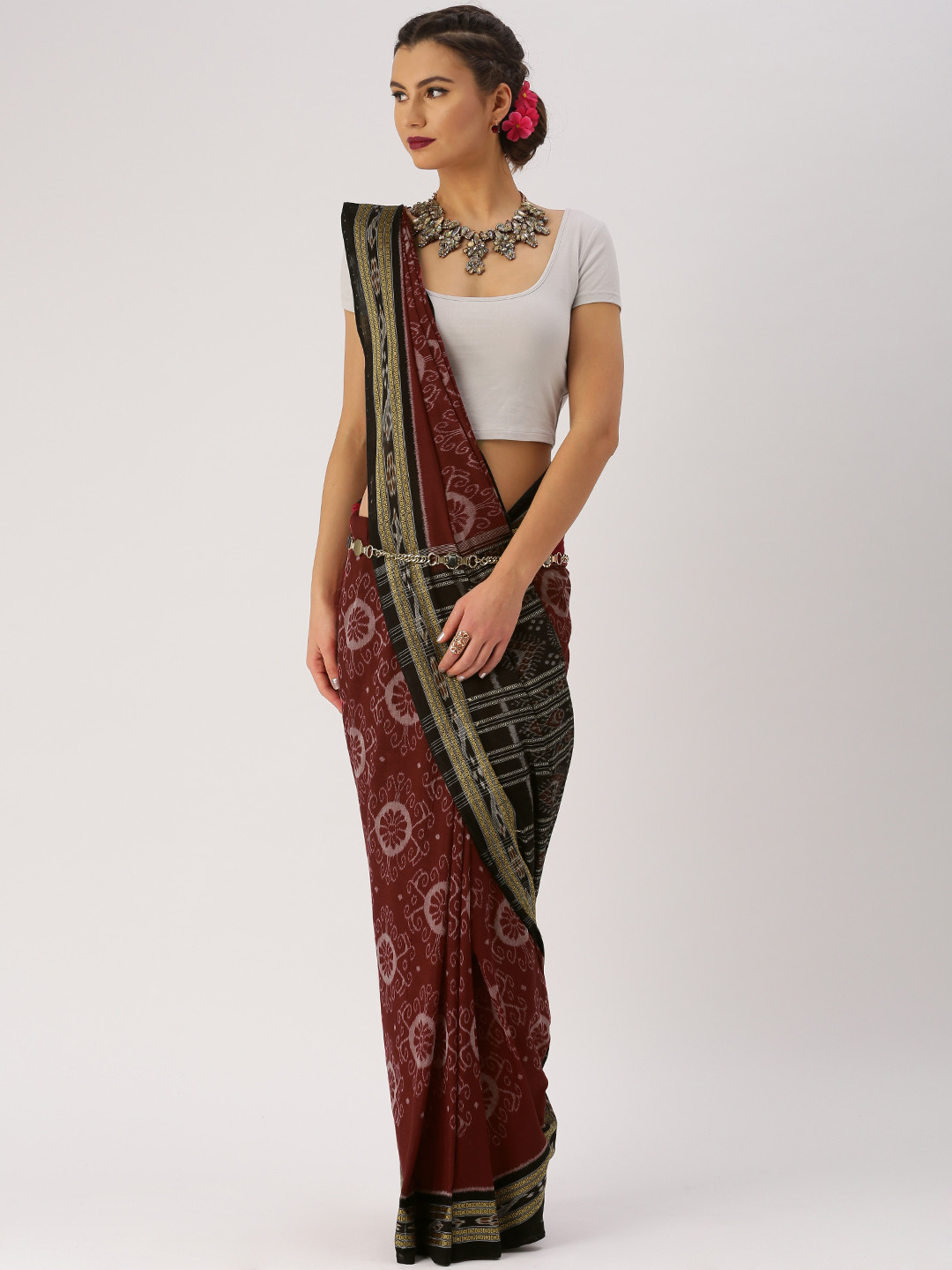 Buy Gocoop Maroon Sambalpuri Traditional Handloom Saree - Sarees for ...