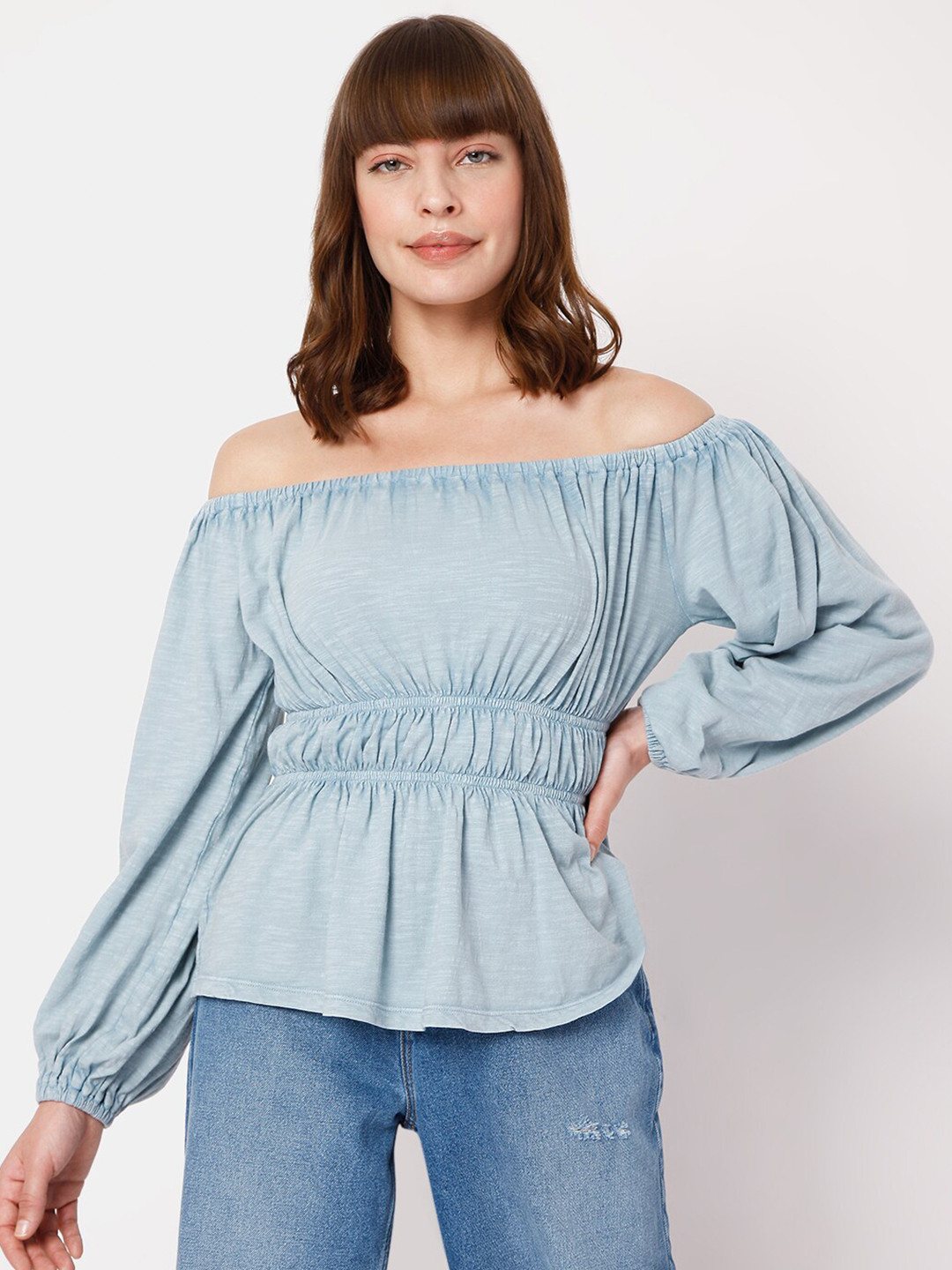 Buy Vero Moda Women Blue Off Shoulder Bardot Top - Tops for Women ...