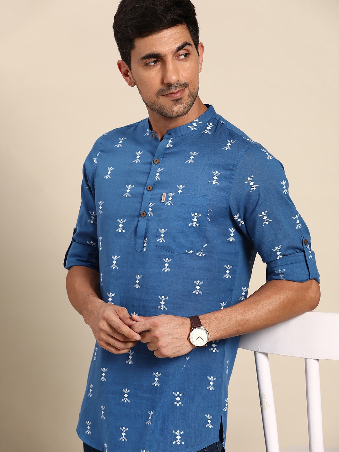 Buy Anouk Men Blue And Off White Pure Cotton Geometric Print Short Kurta